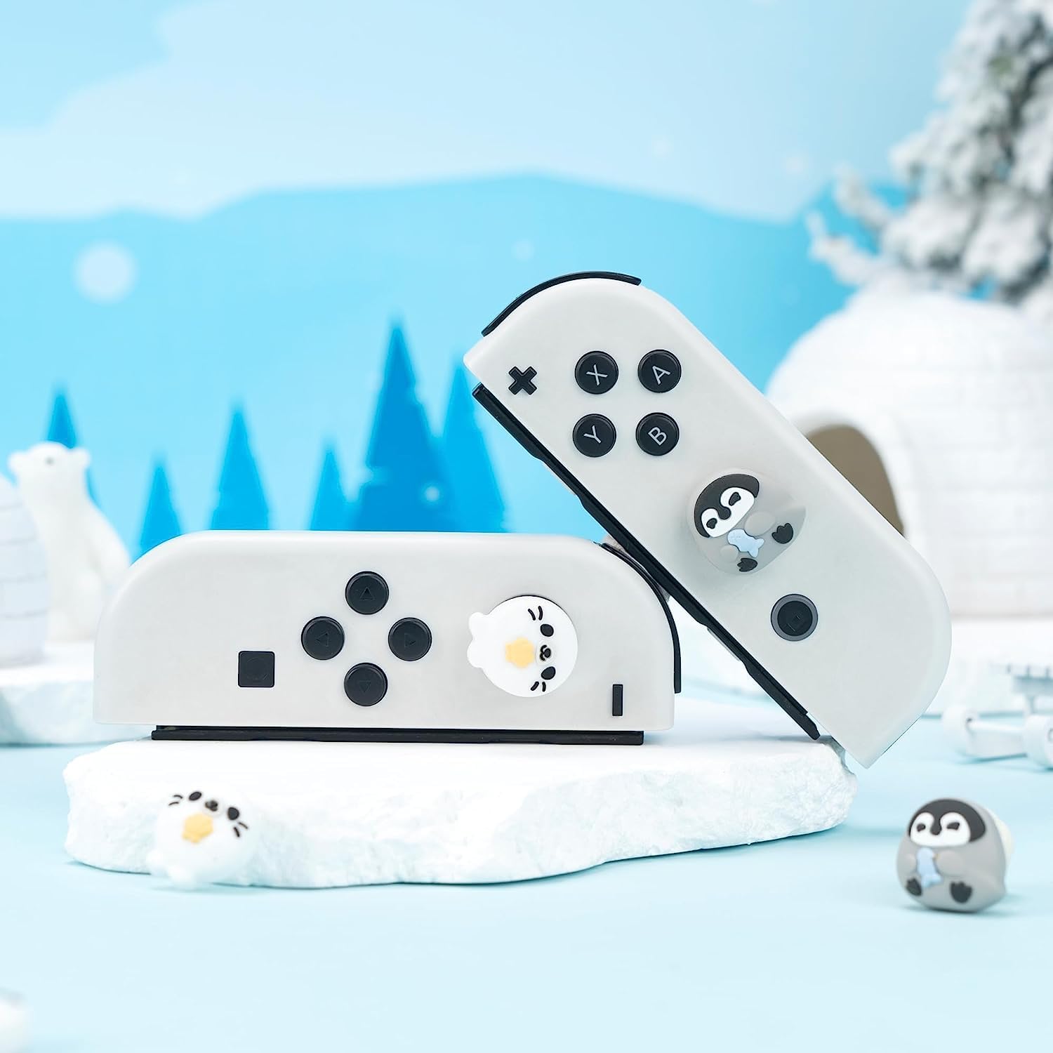 GeekShare Cute Silicone Joycon Thumb Grip Caps Kawaii Polar Animal Theme Thumbstick Caps Joystick Cover Compatible with Nintendo Switch/OLED/Switch Lite - 2Pairs/4PCS - Penguin & Seal
