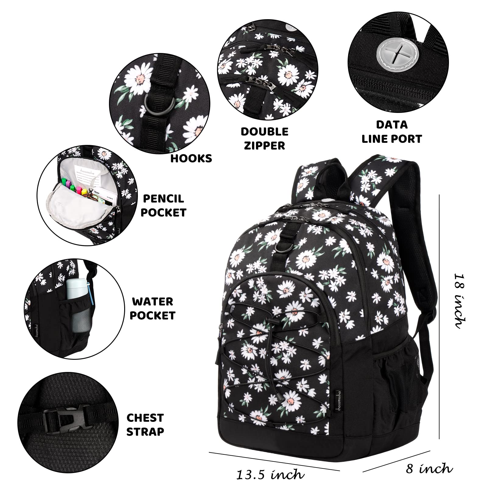Choco Mocha Daisy Backpack for Teen Girls, Travel School Backpack for Girls Middle School Large Bookbag 18 Inch, Black