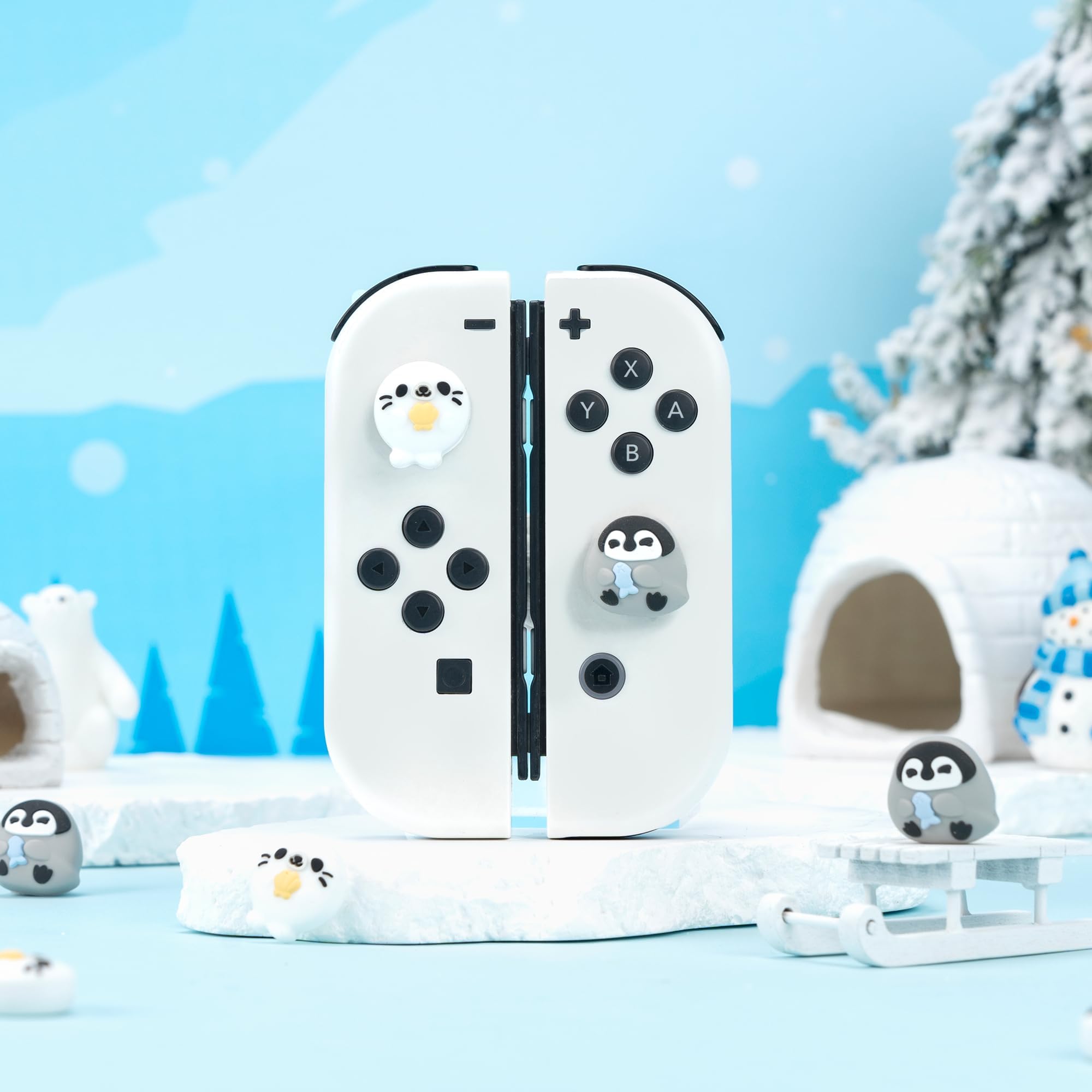 GeekShare Cute Silicone Joycon Thumb Grip Caps Kawaii Polar Animal Theme Thumbstick Caps Joystick Cover Compatible with Nintendo Switch/OLED/Switch Lite - 2Pairs/4PCS - Penguin & Seal