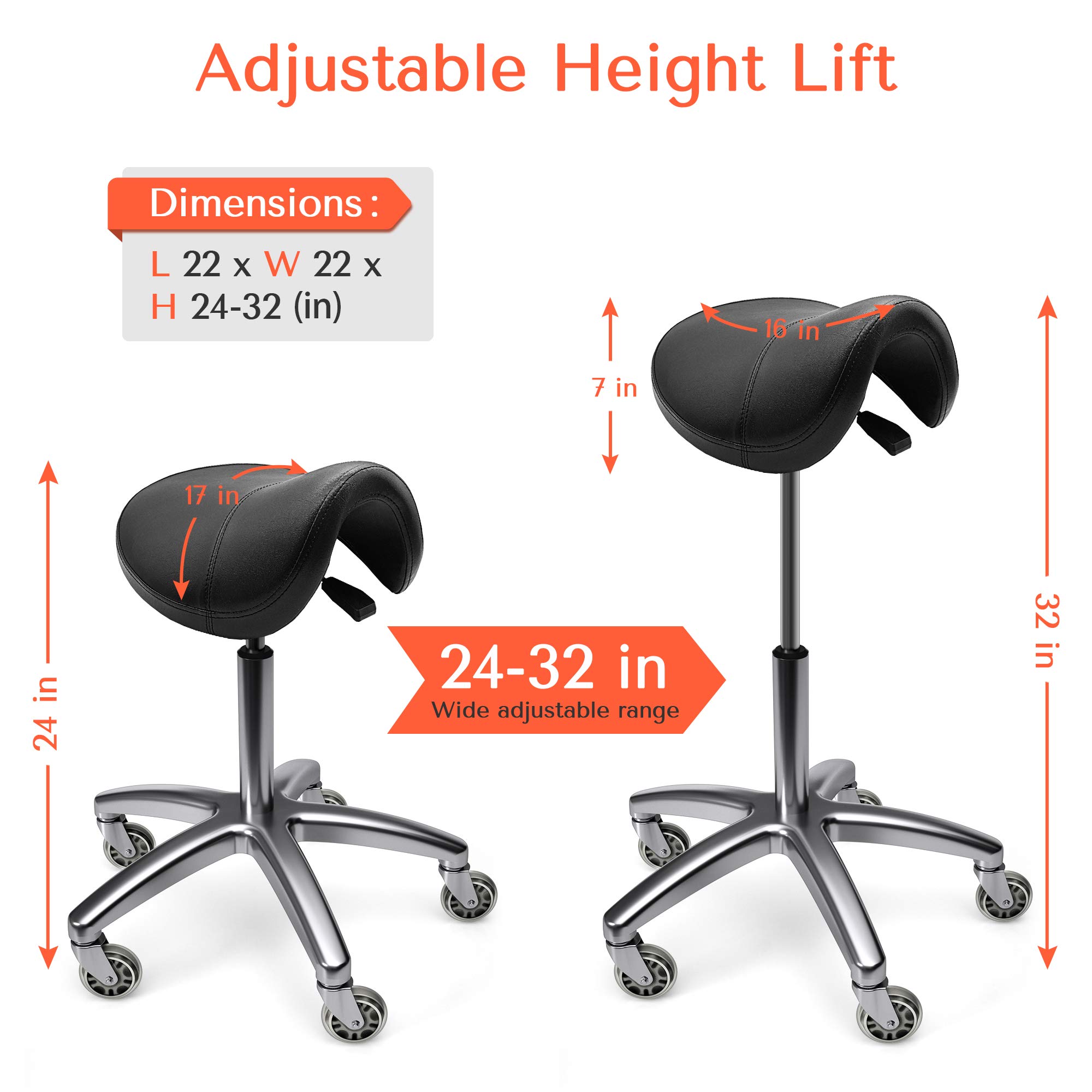 TASALON Saddle Stool - Ergonomic Saddle Chair - Comfortable Saddle Stool with Wheels - Swivel Salon Cutting Stool for Kitchen, Salon, Spa, Tattoo, Pedicure, Massage -Esthetician Chair – Black