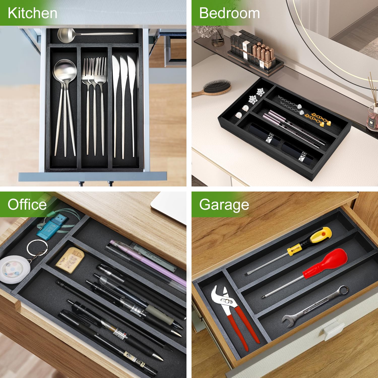 Ayiaren Black Wooden Utensil Tray Best Cutlery Kitchen Drawer Divider Organizer Flatware Tray Wood Cutlery Silverware Drawer Inserts Bamboo Spoon Utensils Storage Organizer