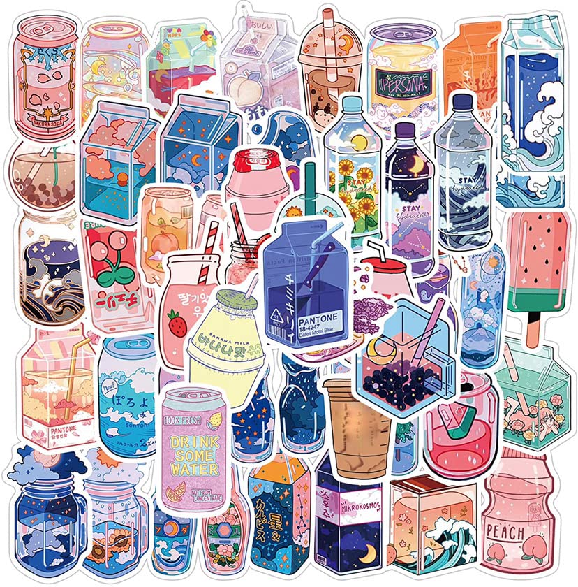 Bric Dodo 50Pcs Kawaii Cartoon Beverage Stickers Aesthetic Trendy Laptop Water Bottles Phone Skateboard Computer Cute Summer Flavored Drink Vinyl Sticker Waterproof Decal for Teens Boys Girls Adults