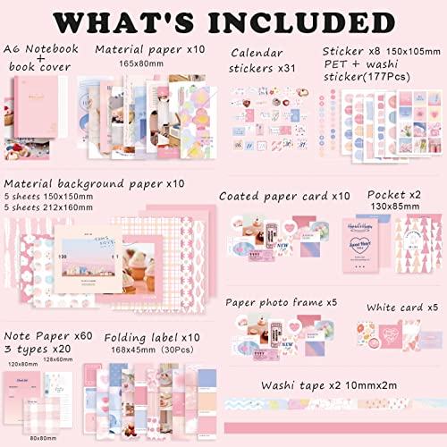 Draupnir Pink Cute Kawaii Aesthetic Scrapbook Kit(348pcs), Bullet Junk Journal Kit with Journaling/Scrapbooking Supplies, Stationery,A6 Grid Notebook with Graph Ruled Pages DIY Gift for Teen Girl