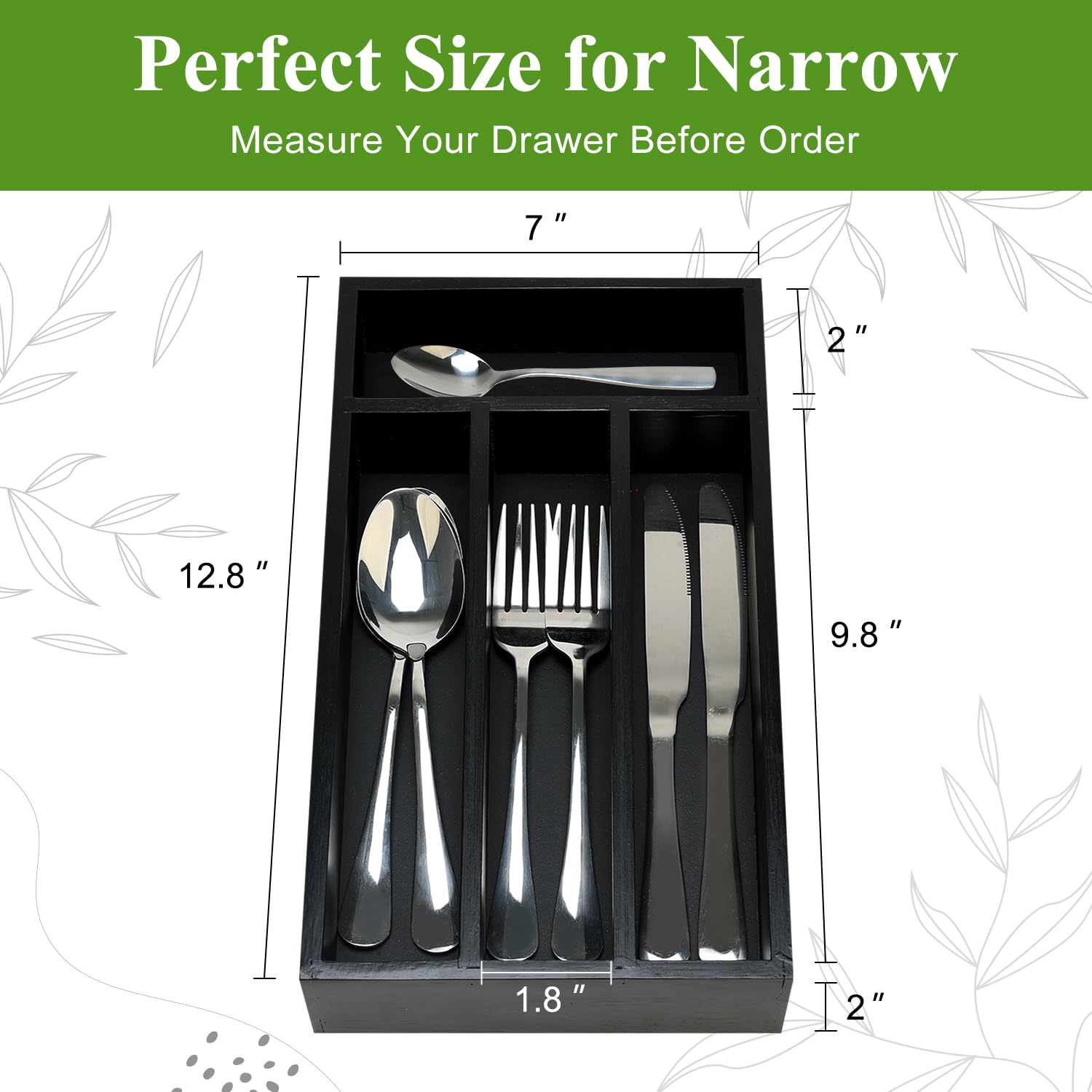 Ayiaren Black Wooden Utensil Tray Best Cutlery Kitchen Drawer Divider Organizer Flatware Tray Wood Cutlery Silverware Drawer Inserts Bamboo Spoon Utensils Storage Organizer