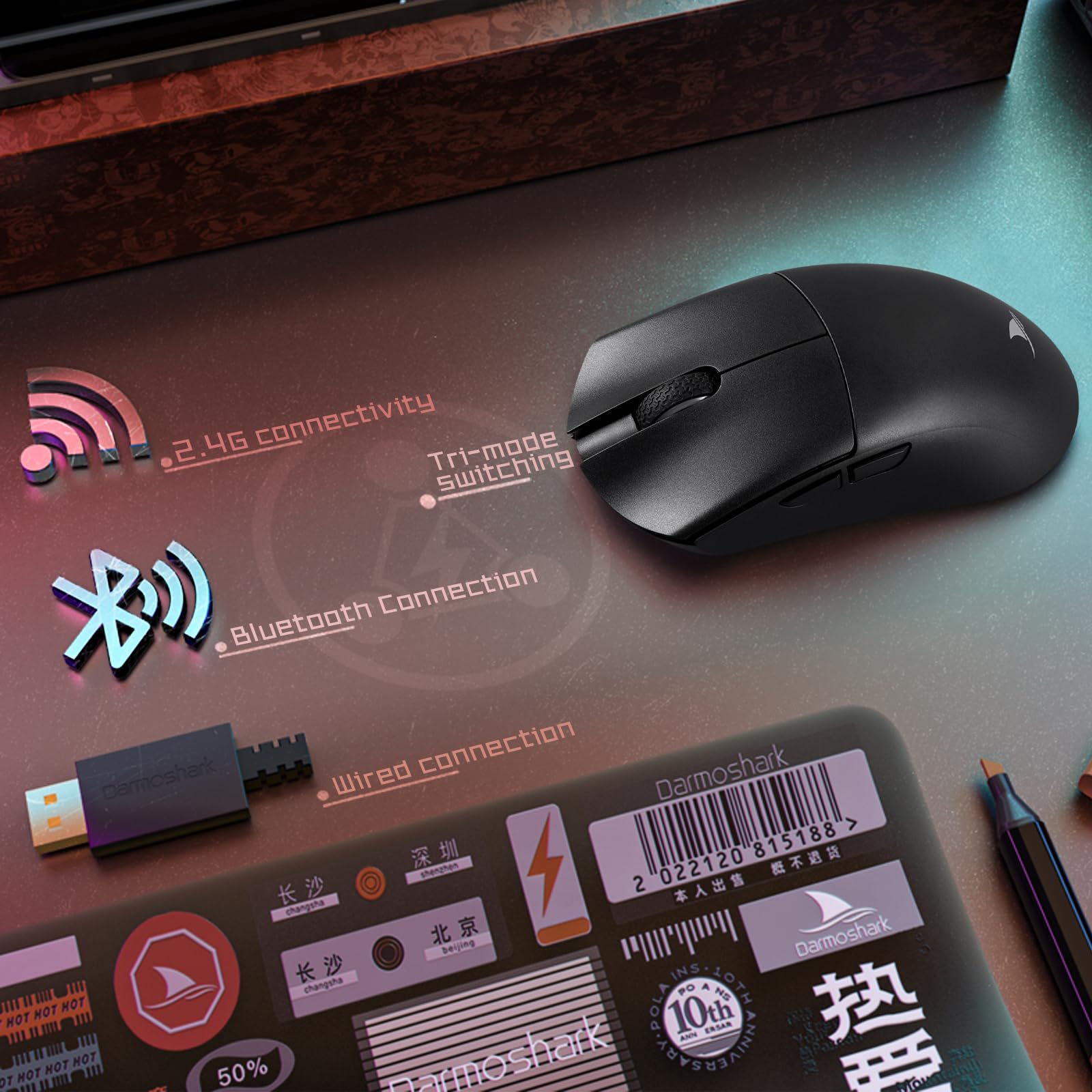 Darmoshark M3 Wireless Gaming Mouse,Tri-Mode 2.4G/USB-C/Bluetooth Mouse Up to 26000DPI,PAW3395 optical sensor Lightweight 58g,5 programmable button 500MAh Battery Life,Computer Mouse for Laptop,PC,Mac