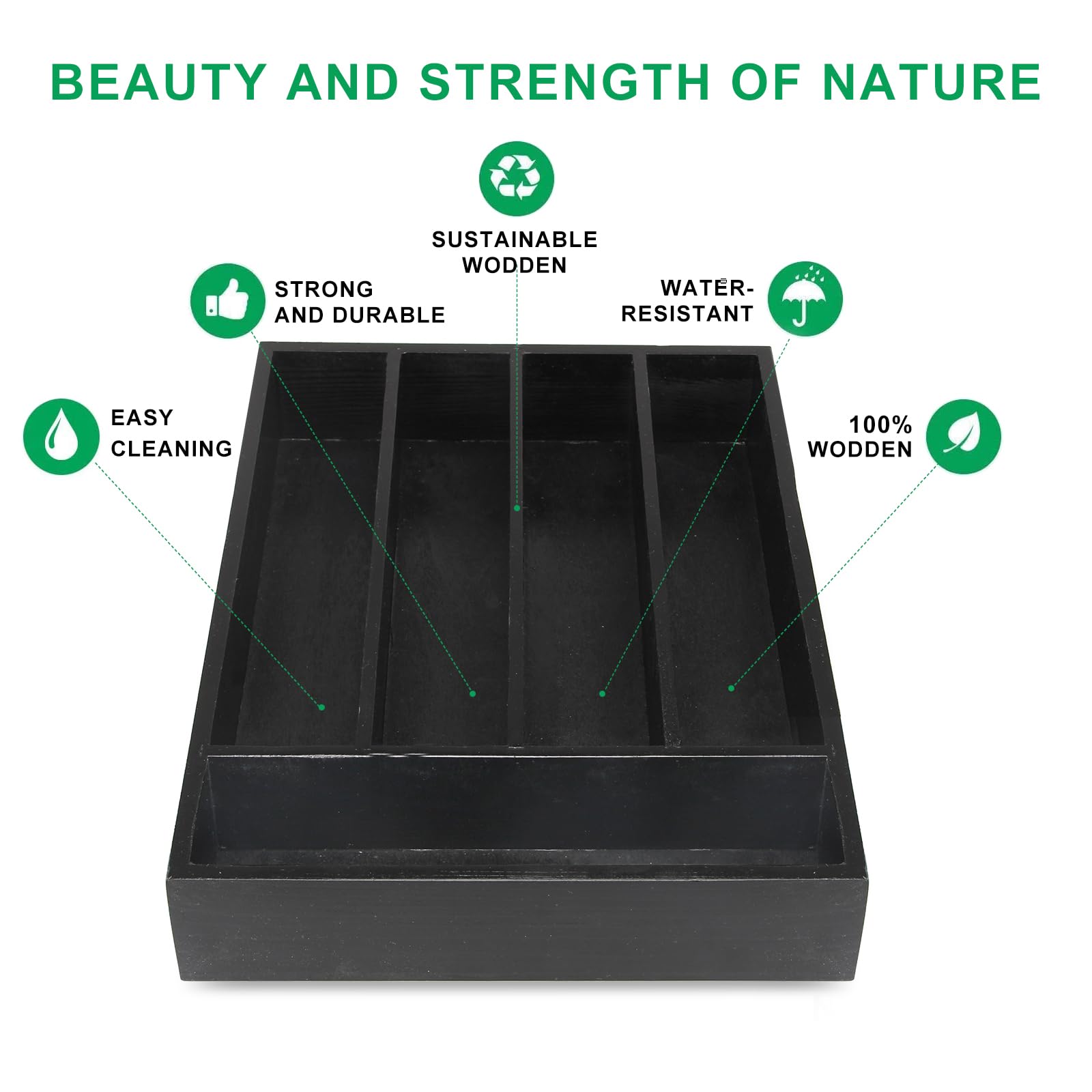 Ayiaren Black Wooden Utensil Tray Best Cutlery Kitchen Drawer Divider Organizer Flatware Tray Wood Cutlery Silverware Drawer Inserts Bamboo Spoon Utensils Storage Organizer