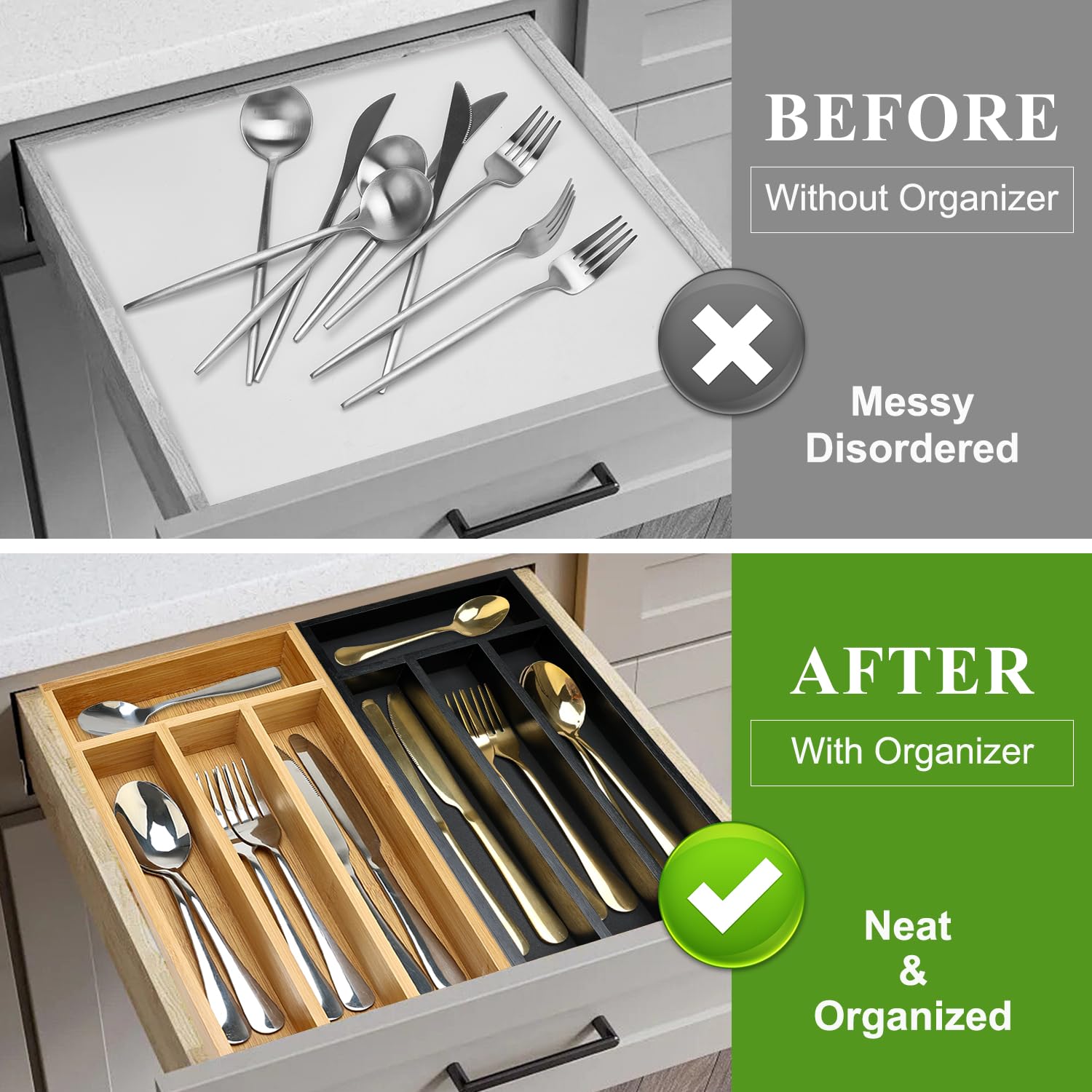 Ayiaren Black Wooden Utensil Tray Best Cutlery Kitchen Drawer Divider Organizer Flatware Tray Wood Cutlery Silverware Drawer Inserts Bamboo Spoon Utensils Storage Organizer