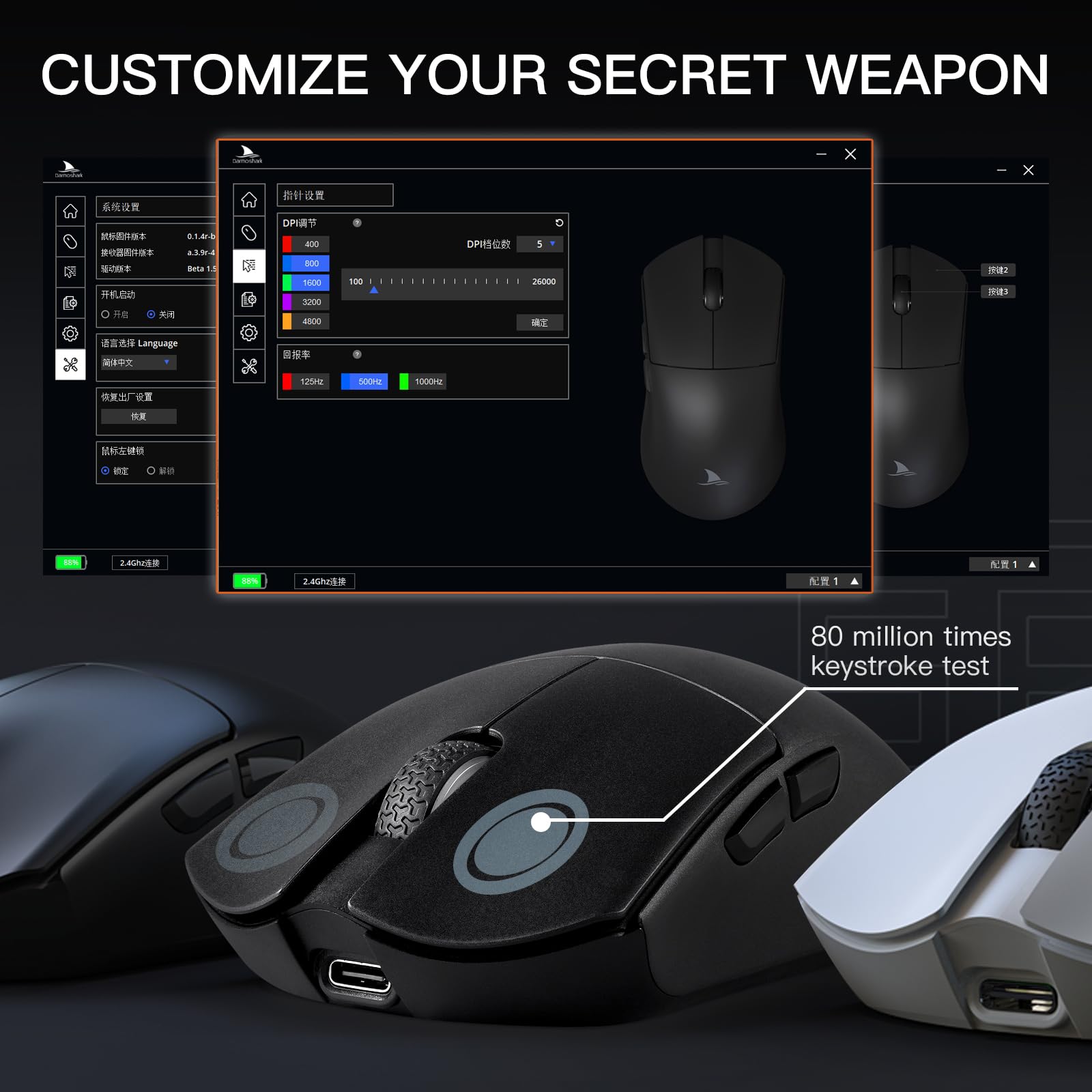Darmoshark M3 Wireless Gaming Mouse,Tri-Mode 2.4G/USB-C/Bluetooth Mouse Up to 26000DPI,PAW3395 optical sensor Lightweight 58g,5 programmable button 500MAh Battery Life,Computer Mouse for Laptop,PC,Mac