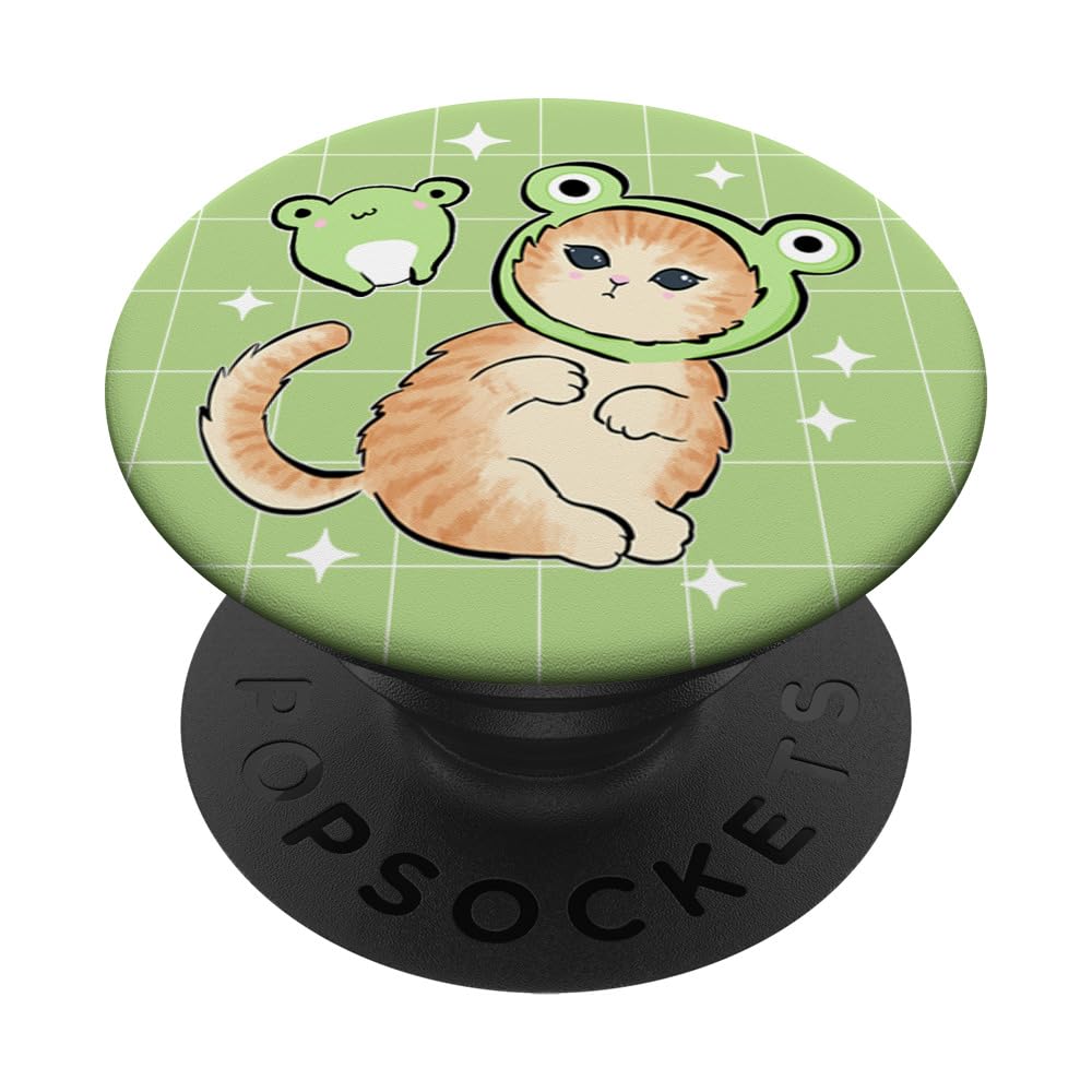 Kawaii Frog Cat in Frog Hat Retro 90s Cottagecore Aesthetic PopSockets Adhesive PopGrip