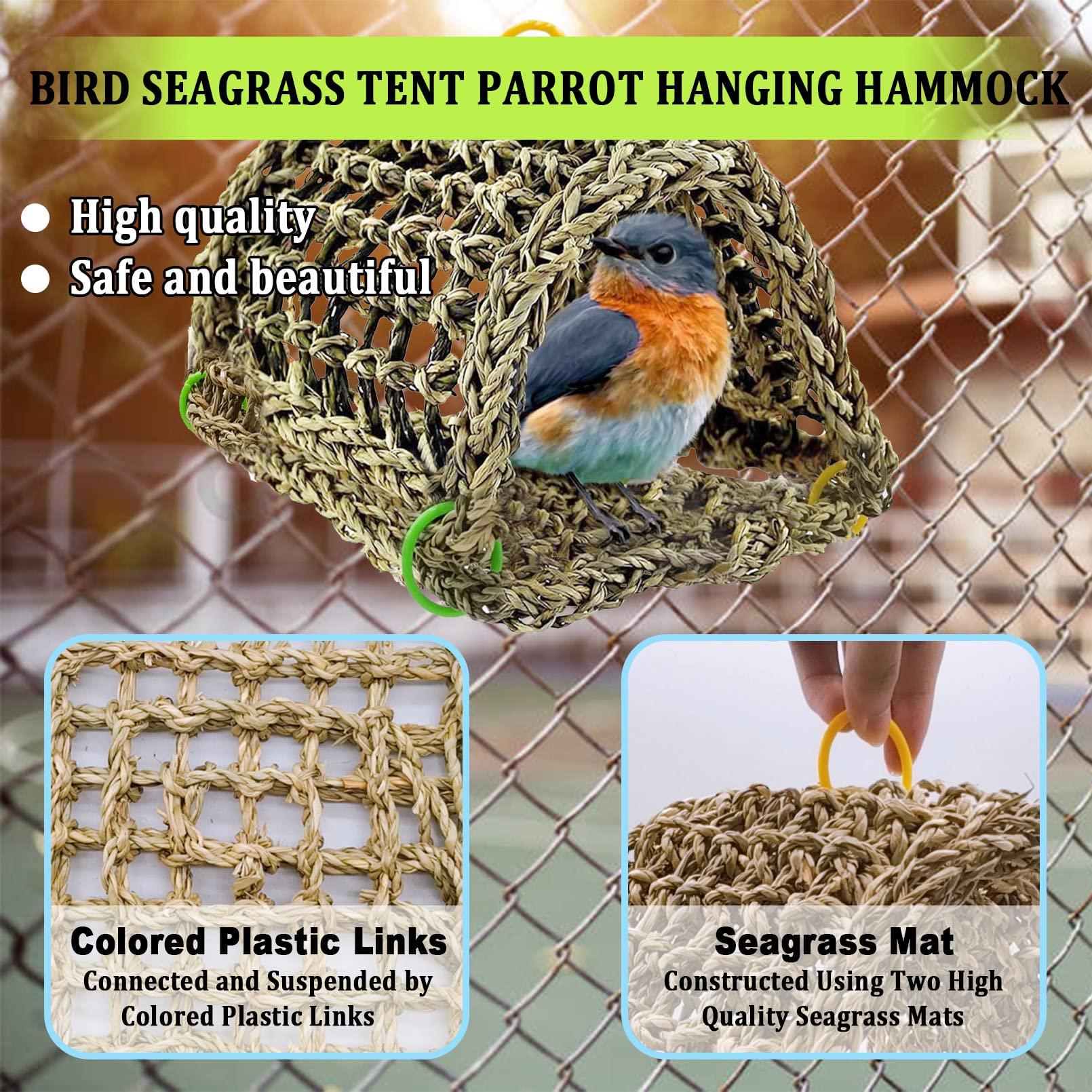kathson Bird Sheltering Seagrass Tent Birds Hanging Hammock Parrot Natural Seagrass Tent Snuggle Hut Parakeet Cage Perch Stand Cockatiel Chewing Toy for Conure Lovebird Budgie African Grey