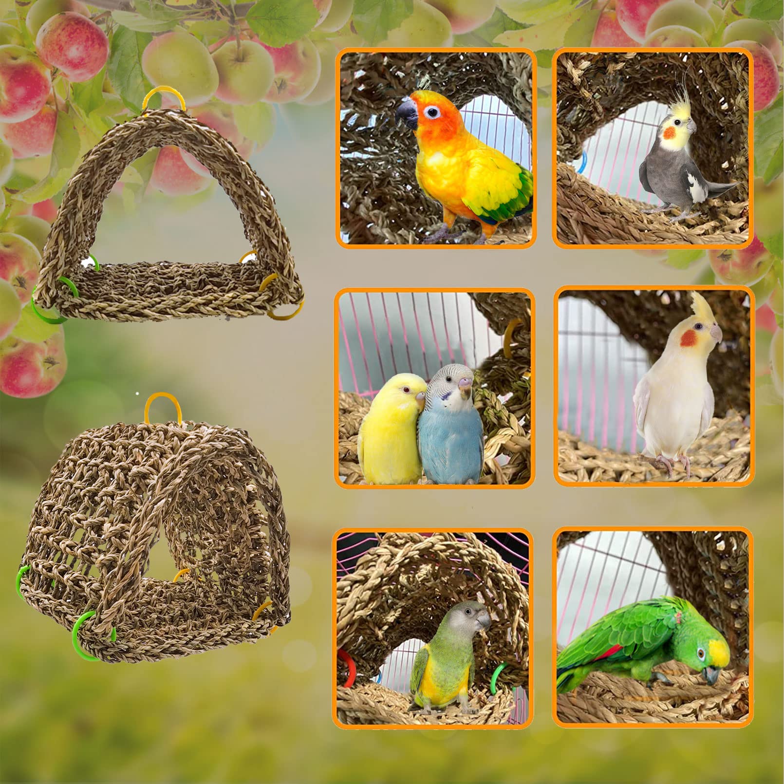 kathson Bird Sheltering Seagrass Tent Birds Hanging Hammock Parrot Natural Seagrass Tent Snuggle Hut Parakeet Cage Perch Stand Cockatiel Chewing Toy for Conure Lovebird Budgie African Grey