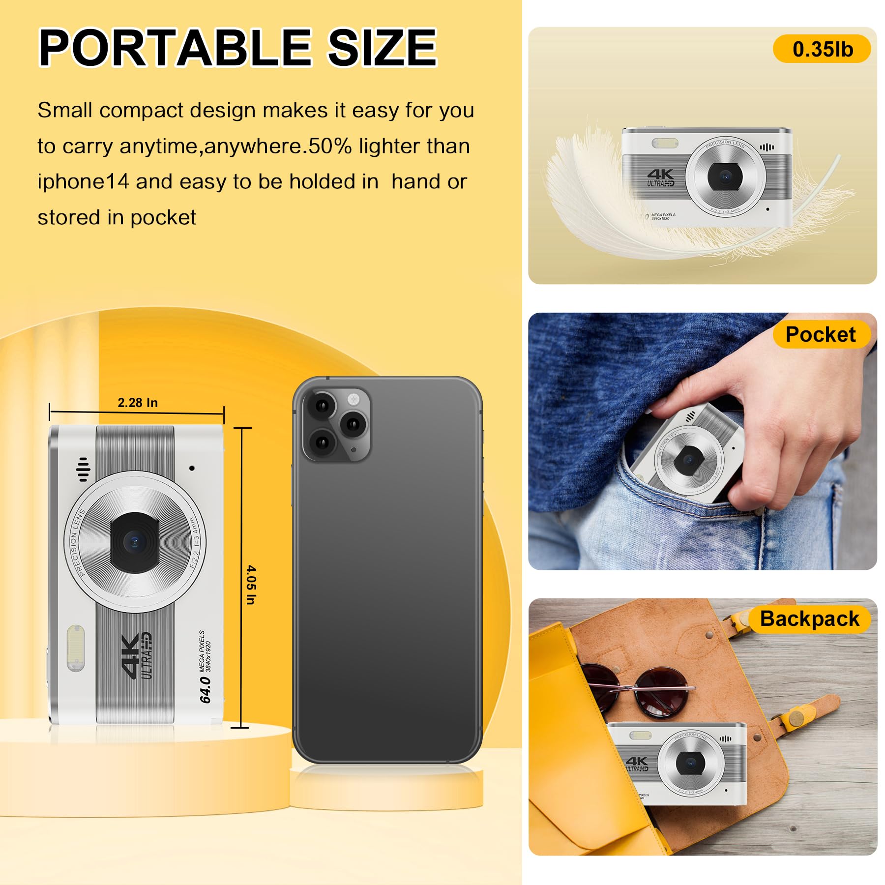 Rawiemy 64MP 4K Kids Digital Camera with 64GB Card, 18X Digital Zoom, Point and Shoot, Portable, White