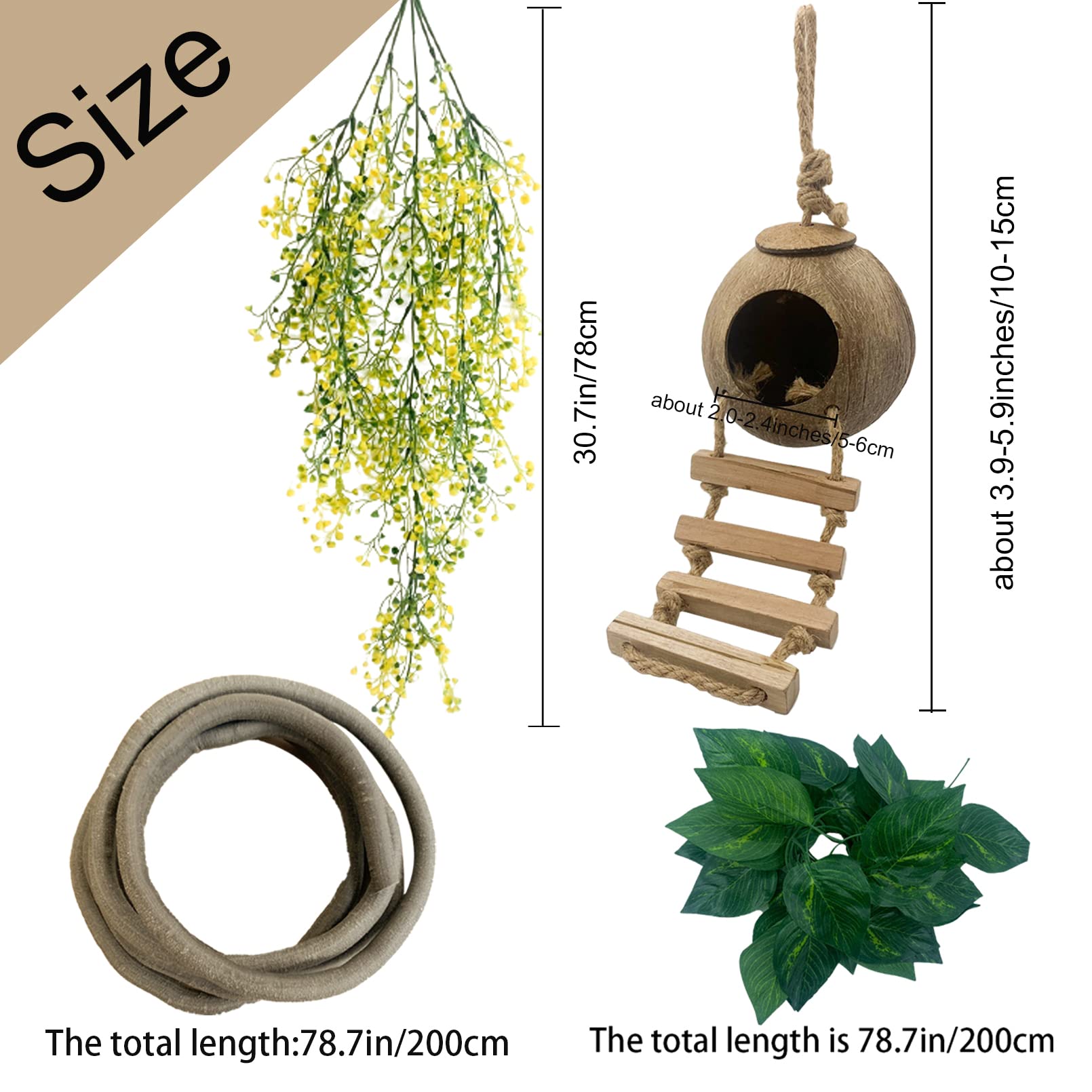 MUYG Crested Gecko Coconut Hut with Ladder,Natural Bearded Dragon Coco Den Reptile Shell Hideout Husk Hut Climbing Plants Leaves Tank Accessories for Lizard Chameleon Snakes
