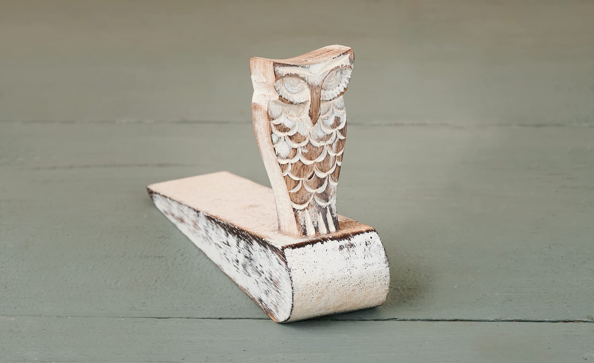 Rustic Wooden Owl Door Draft Stopper Wedge – Sturdy and Stackable Door Stop, Multi Floor Doorstop Ensures Tight Fit (White)