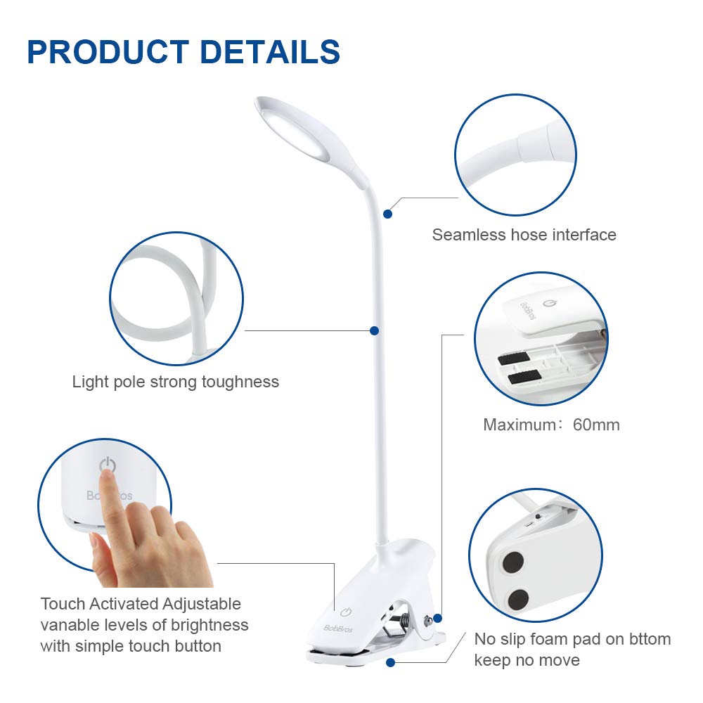 BobBros Led Desk Lamp for Kids,Portable Eye-Care White Desk Lamp with USB Charging Port, Flexible Goose Neck, 3 Dimming Levels,Touch Control
