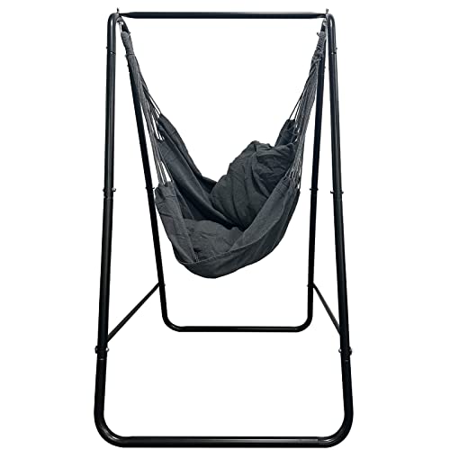 Hammock Chair Stand, Hammock Chair with Stand Including Large Hanging Indoor Swing with 2 Cushions, Hammock Swing Chair with Stand, Max 450 Lbs for Indoor, Outdoor, Patio, Yard (Grey)
