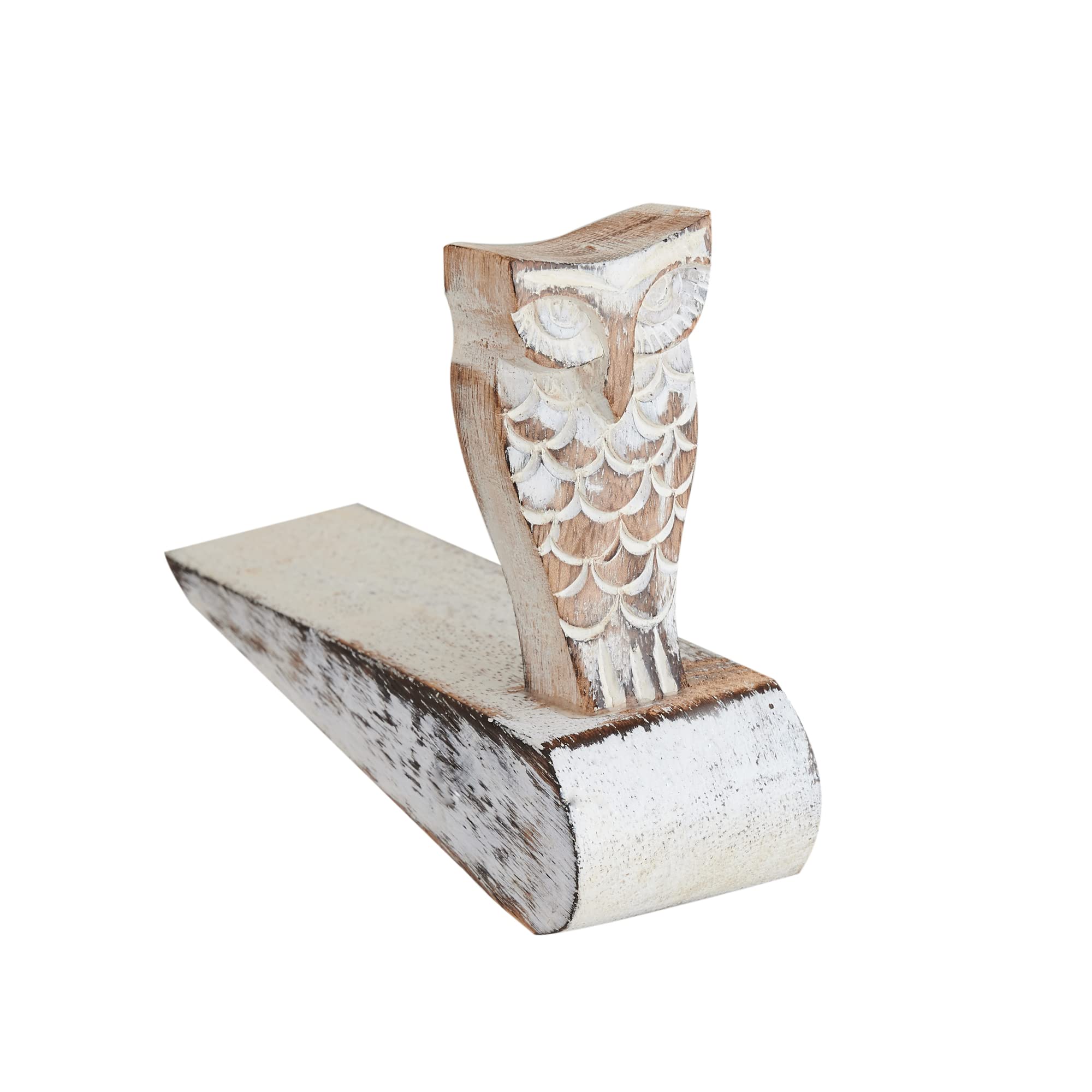 Rustic Wooden Owl Door Draft Stopper Wedge – Sturdy and Stackable Door Stop, Multi Floor Doorstop Ensures Tight Fit (White)