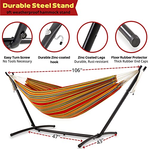ACH Double Hammock with Stand Included 2 Person Heavy Duty Strong Portable Hammocks Indoor and Outdoor with Pillow-Carrying Bag for Outside Patio Backyard Lawn-450lb Capacity Rainbow