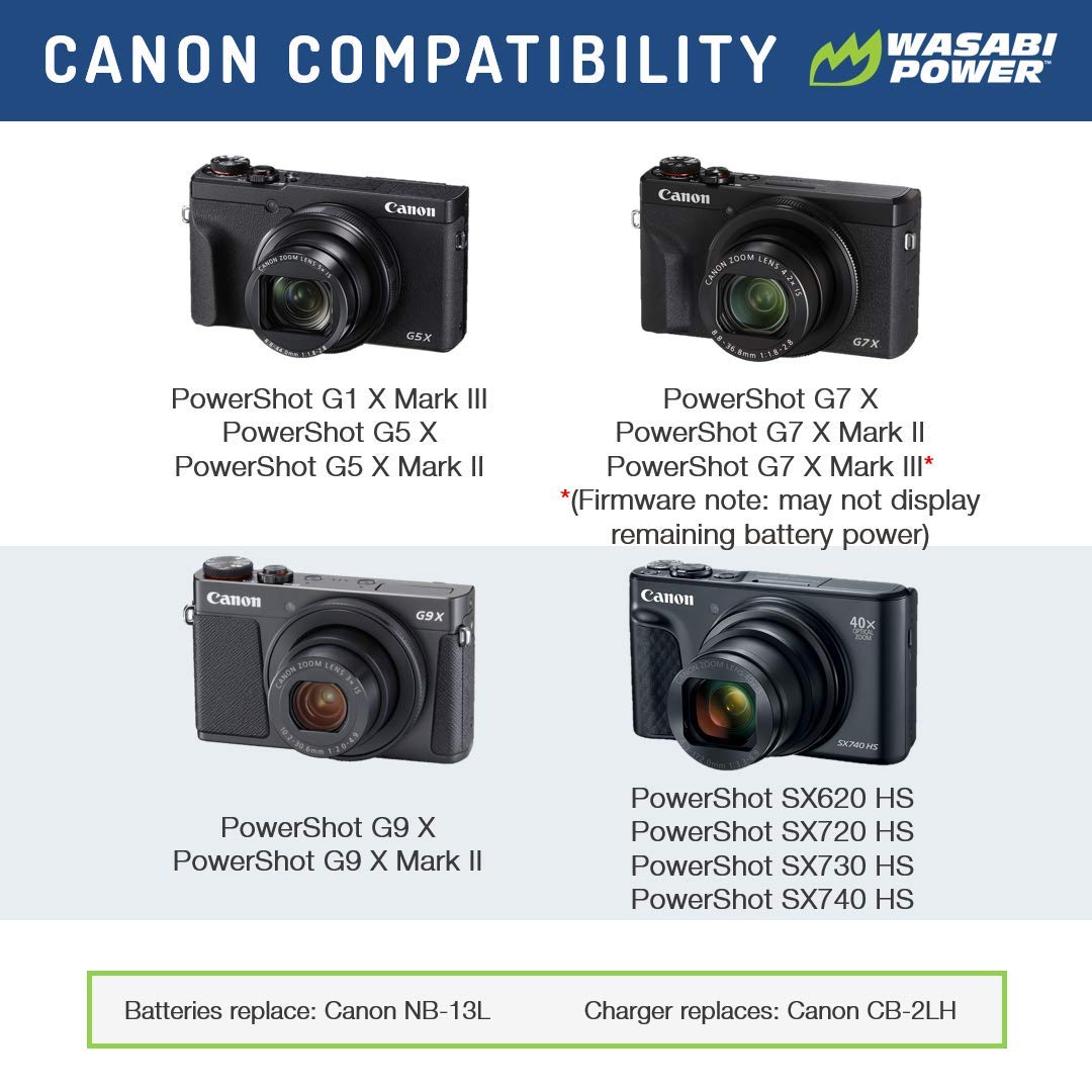 Wasabi Power NB-13L Battery (2-Pack) for Canon PowerShot G1 X Mark III, G5 X, G7 X, G7 X Mark II, G9 X, G9 X Mark II, SX620 HS, SX720 HS, SX730 HS, SX740 HS