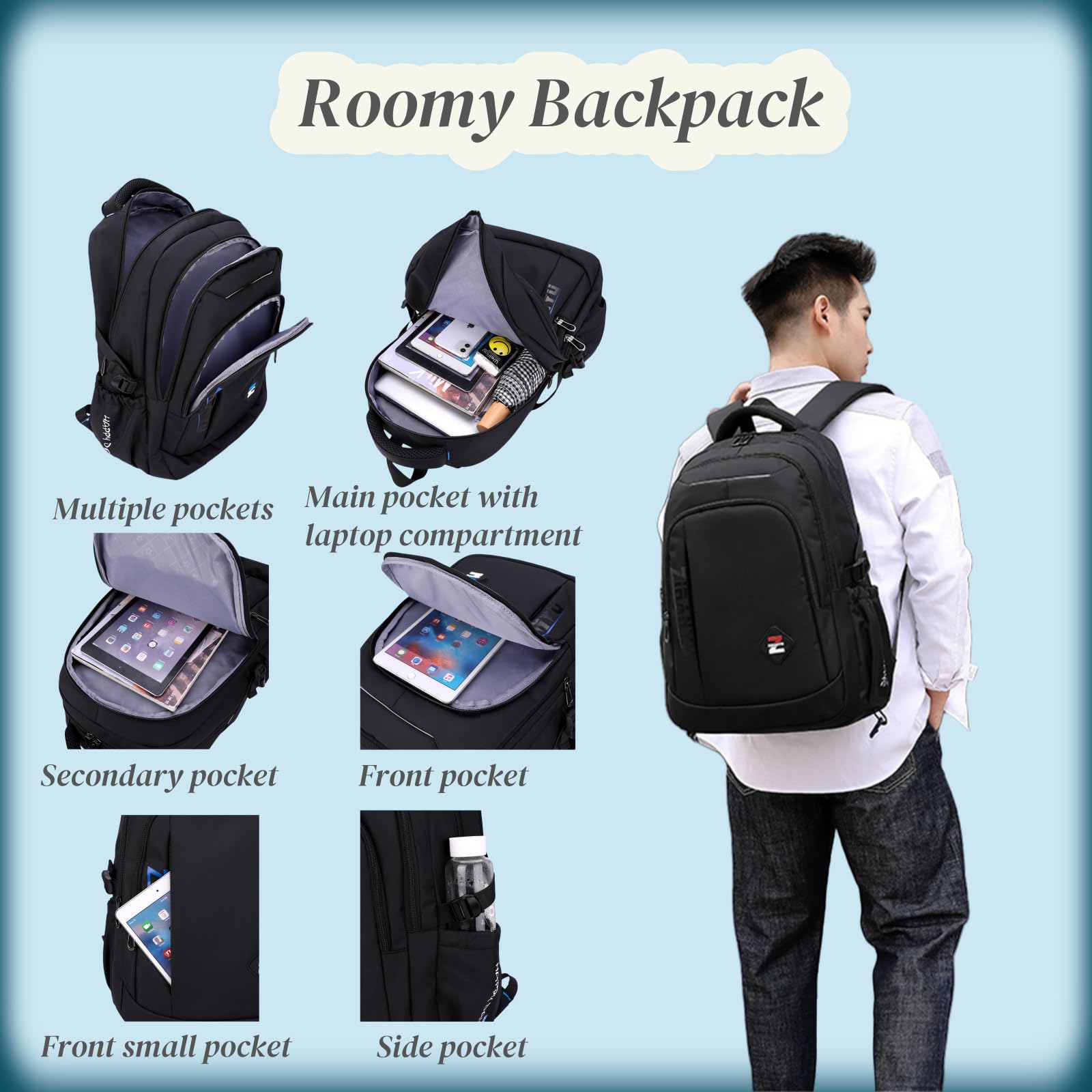 VIDOSCLA Black Kids Boys Rolling Backpack Teens Carry-on Luggage with Wheels Trolly BookBag for School-6 Wheels