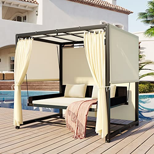 Merax Patio Porch Chair, 3-Seat Outdoor Swing Bed with Adjustable Canopy, Thickened Cushion, Pillow and Foldable Side Tray for Patio, Backyard Beige