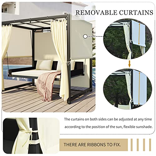 Merax Patio Porch Chair, 3-Seat Outdoor Swing Bed with Adjustable Canopy, Thickened Cushion, Pillow and Foldable Side Tray for Patio, Backyard Beige