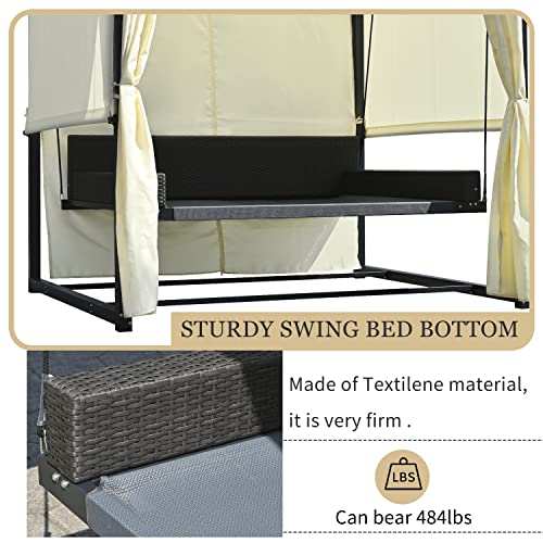 Merax Patio Porch Chair, 3-Seat Outdoor Swing Bed with Adjustable Canopy, Thickened Cushion, Pillow and Foldable Side Tray for Patio, Backyard Beige