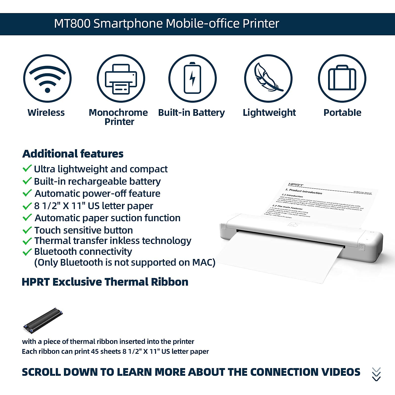 HPRT Wireless Bluetooth Portable Printer for Travel Supports 8.5" X 11" US Letter & A4 Paper, Compatible with Android and iOS Phone No-Ink Technology Suitable for Mobile Office.(MT800Q)