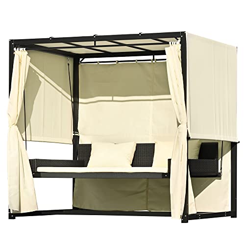 Merax Patio Porch Chair, 3-Seat Outdoor Swing Bed with Adjustable Canopy, Thickened Cushion, Pillow and Foldable Side Tray for Patio, Backyard Beige