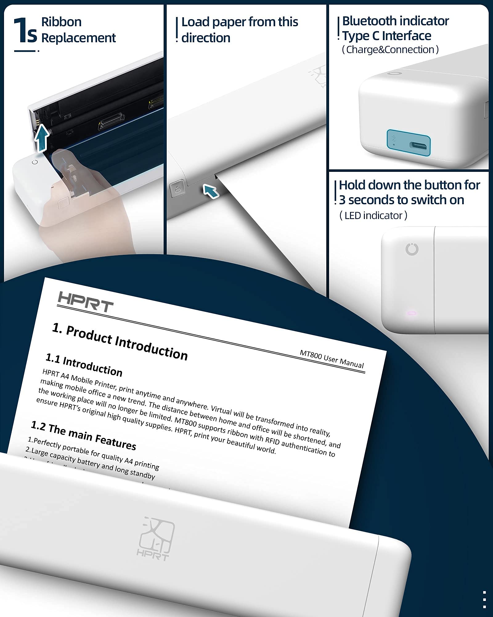HPRT Wireless Bluetooth Portable Printer for Travel Supports 8.5" X 11" US Letter & A4 Paper, Compatible with Android and iOS Phone No-Ink Technology Suitable for Mobile Office.(MT800Q)