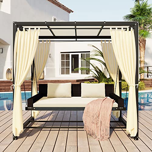 Merax Patio Porch Chair, 3-Seat Outdoor Swing Bed with Adjustable Canopy, Thickened Cushion, Pillow and Foldable Side Tray for Patio, Backyard Beige