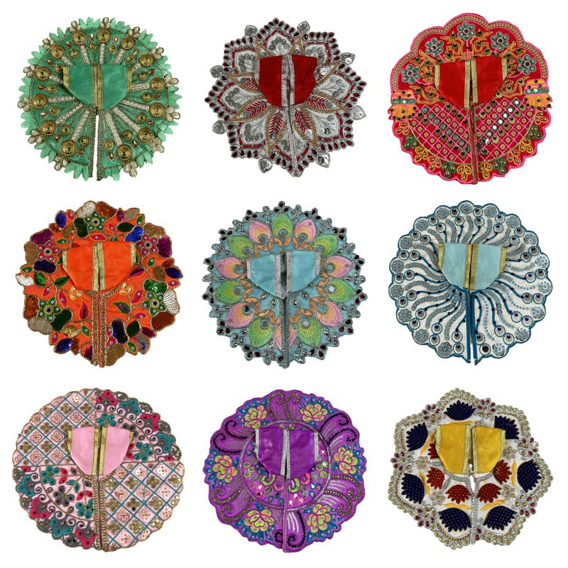 (4 No Size) Premium Colorful Embroidery Dress for Laddu Gopal Ji (Pack of 9) with 4 Zari Mukut, 4 Stone Mala, 4 Pair Kangan, 4 Flute | 8 inch Diameter Dress |C6
