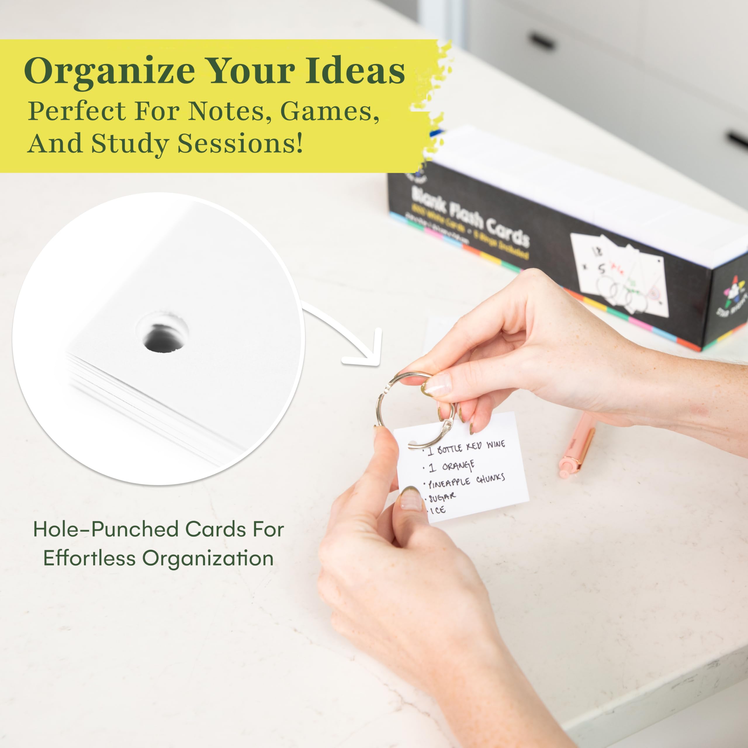Blank Flash Cards for Studying - 2" x 3" Blank Index Notecards - 1000 Pre Hole Punched White Index Cards with Metal Binder Rings - Blank Flashcards for GMT Prep, Math, and Language