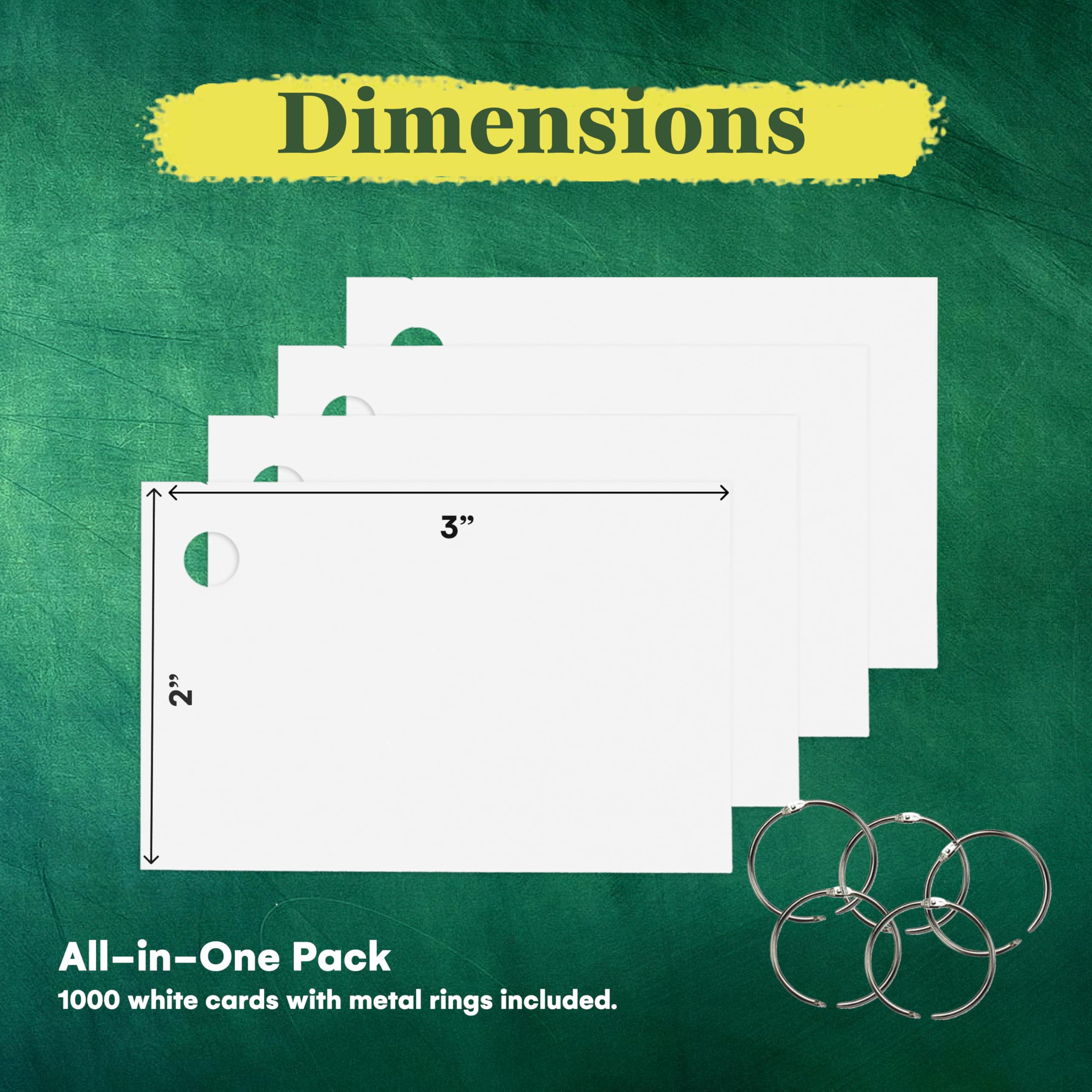 Blank Flash Cards for Studying - 2" x 3" Blank Index Notecards - 1000 Pre Hole Punched White Index Cards with Metal Binder Rings - Blank Flashcards for GMT Prep, Math, and Language