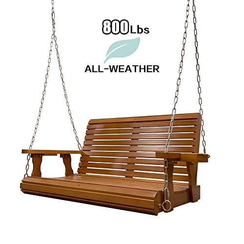 Wooden Porch Swing 2-Seater, Bench Swing with Cupholders, Hanging Chains and 7mm Springs, Heavy Duty 800 LBS, for Outdoor Patio Garden (Brown, 4 FT Extra Large)