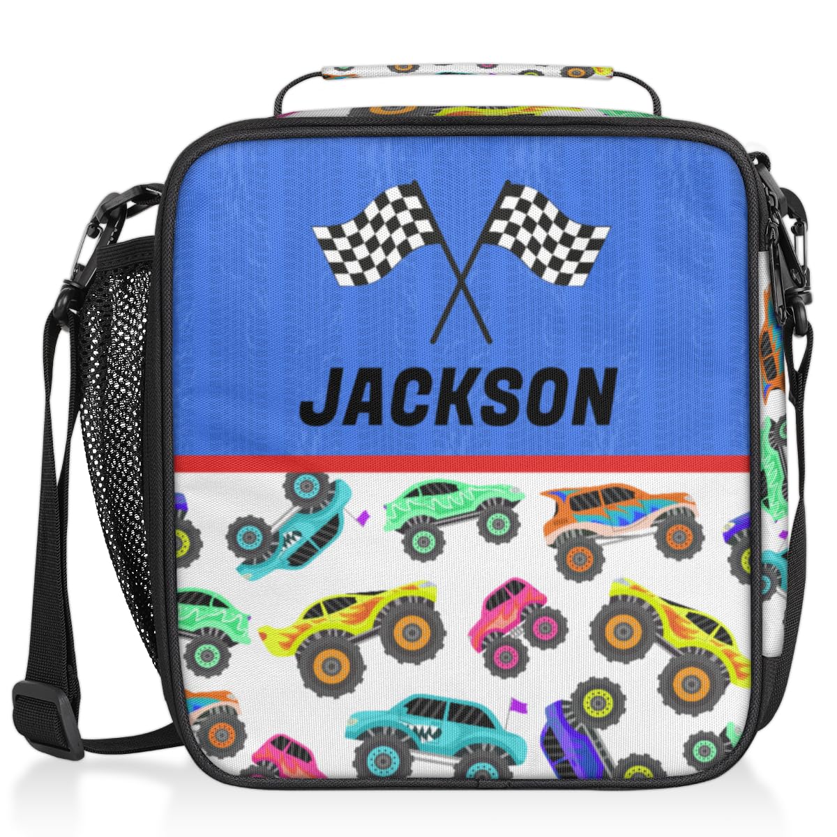 OMFUNS Racing Car Custom Name Reusable Lunch Bag for Kids Boys Teen, Colorful Truck Personalized Insulated Lunch Box Thermal Cooler Customized Lunch Tote Bag for School Picnic