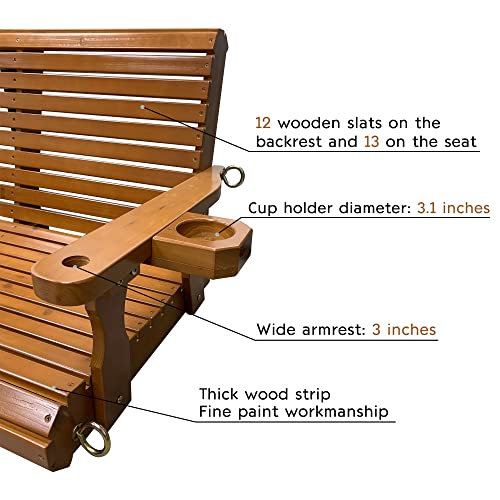 Wooden Porch Swing 2-Seater, Bench Swing with Cupholders, Hanging Chains and 7mm Springs, Heavy Duty 800 LBS, for Outdoor Patio Garden (Brown, 4 FT Extra Large)