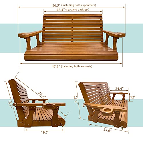 Wooden Porch Swing 2-Seater, Bench Swing with Cupholders, Hanging Chains and 7mm Springs, Heavy Duty 800 LBS, for Outdoor Patio Garden (Brown, 4 FT Extra Large)