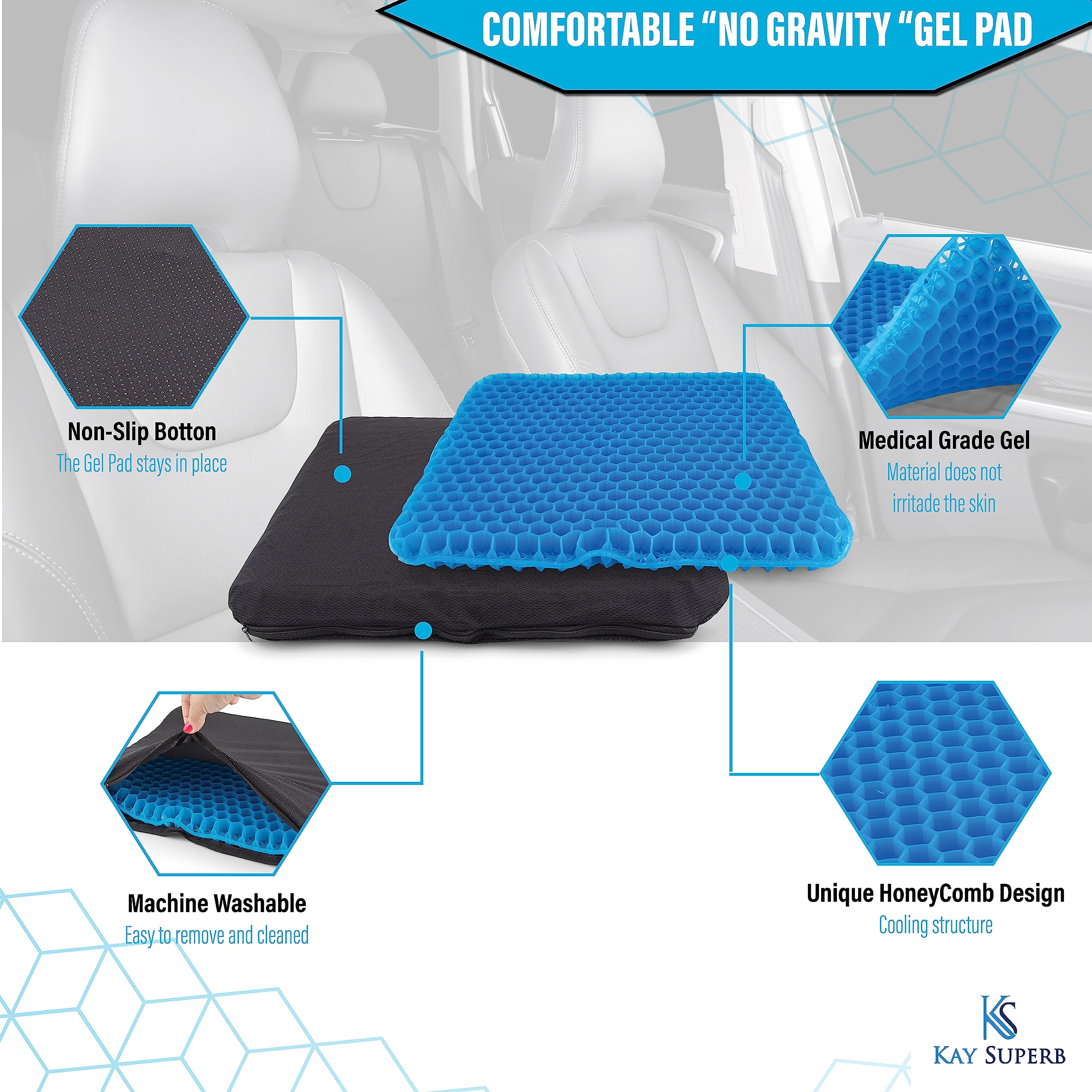 Kays Gel Seat Cushion, Seat Pad, Seat Pillow, Wheelchair pad and Long Sitting Cushion, Breathable and Cooling Cushion