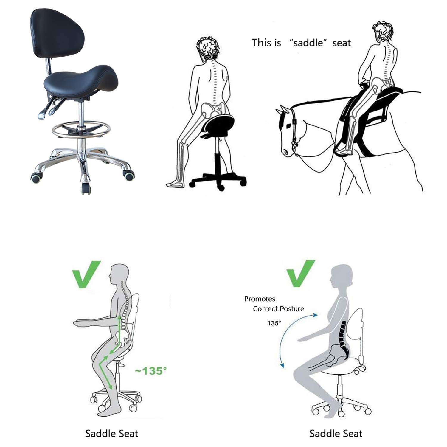 FOHGFNT Saddle Stool Rolling Chair with Back Support Ergonomic Seat Hydraulic Adjustable with Footrest for Home Office Dental Salon Shop Use, Black…