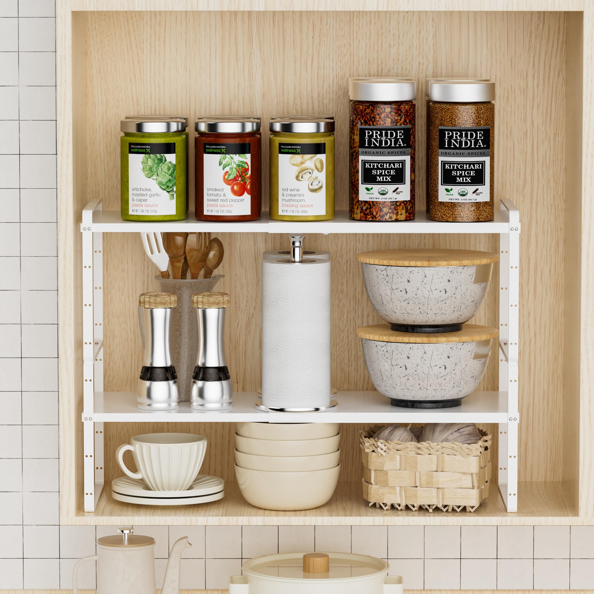 WEJIPP Expandable Cabinet Shelf Organizer Stackable Shelves Adjustable Shelf Riser for Kitchen Pantry Office,10.24" W,White