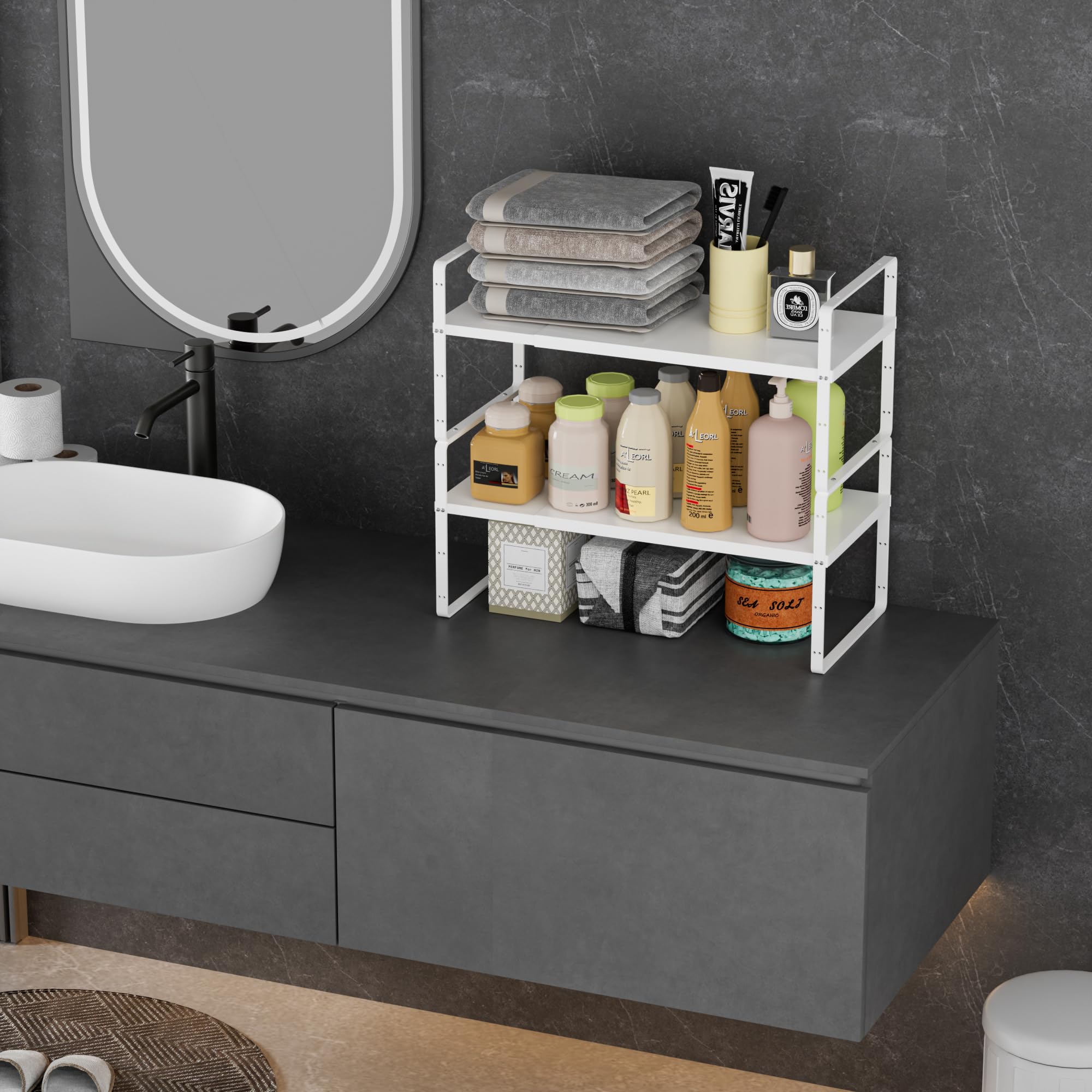 WEJIPP Expandable Cabinet Shelf Organizer Stackable Shelves Adjustable Shelf Riser for Kitchen Pantry Office,10.24" W,White