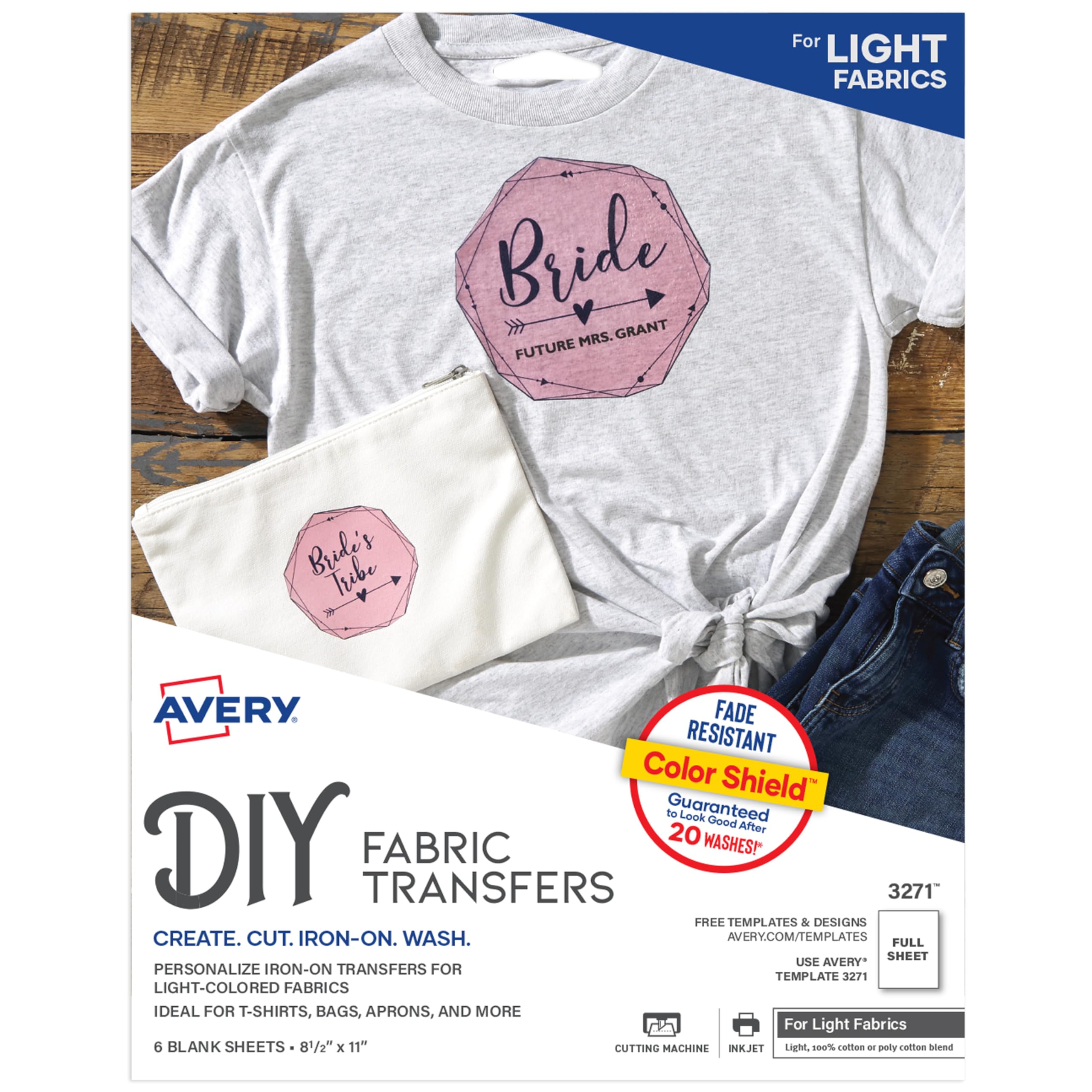 Avery Printable Heat Transfer Paper for Light Fabrics, 8.5" x 11", Inkjet Printer, 6 Iron On Transfers (3271)