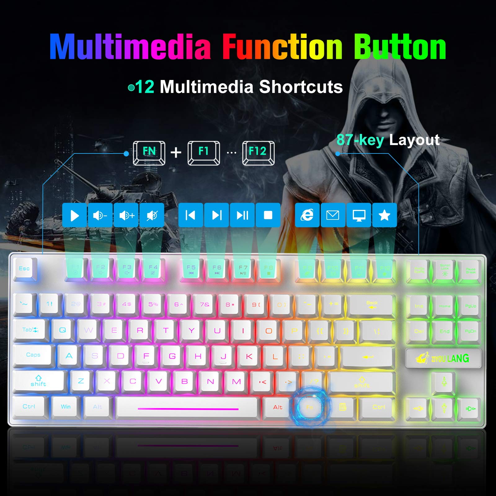 LexonElec Wireless RGB Backlit Gaming Keyboard Mouse Combo,Rechargeable 3800mAh Battery, 87-Key Mechanical Feel Keyboard, Quiet Mouse and Mouse Pad for Gamers and Office Typists(White)