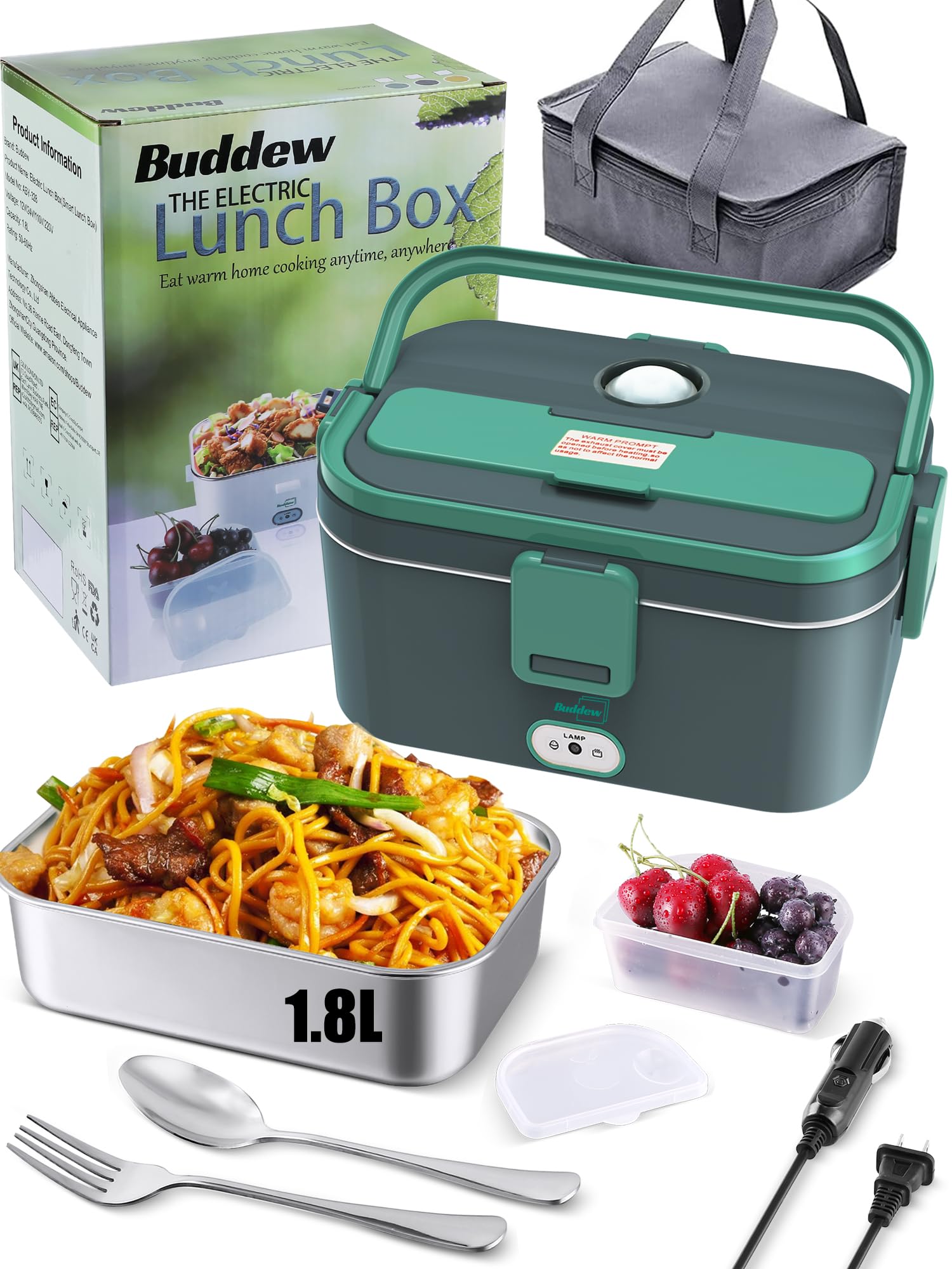 Buddew Electric Lunch Box 80W Food Heater 1.8L Large Capacity Heated Lunch Box 3 in 1 12V/24V/110V Portable Lunch Warmer for Car/Truck/Home/Office with Carry Bag and Fork and Spoon (Gray+Green)