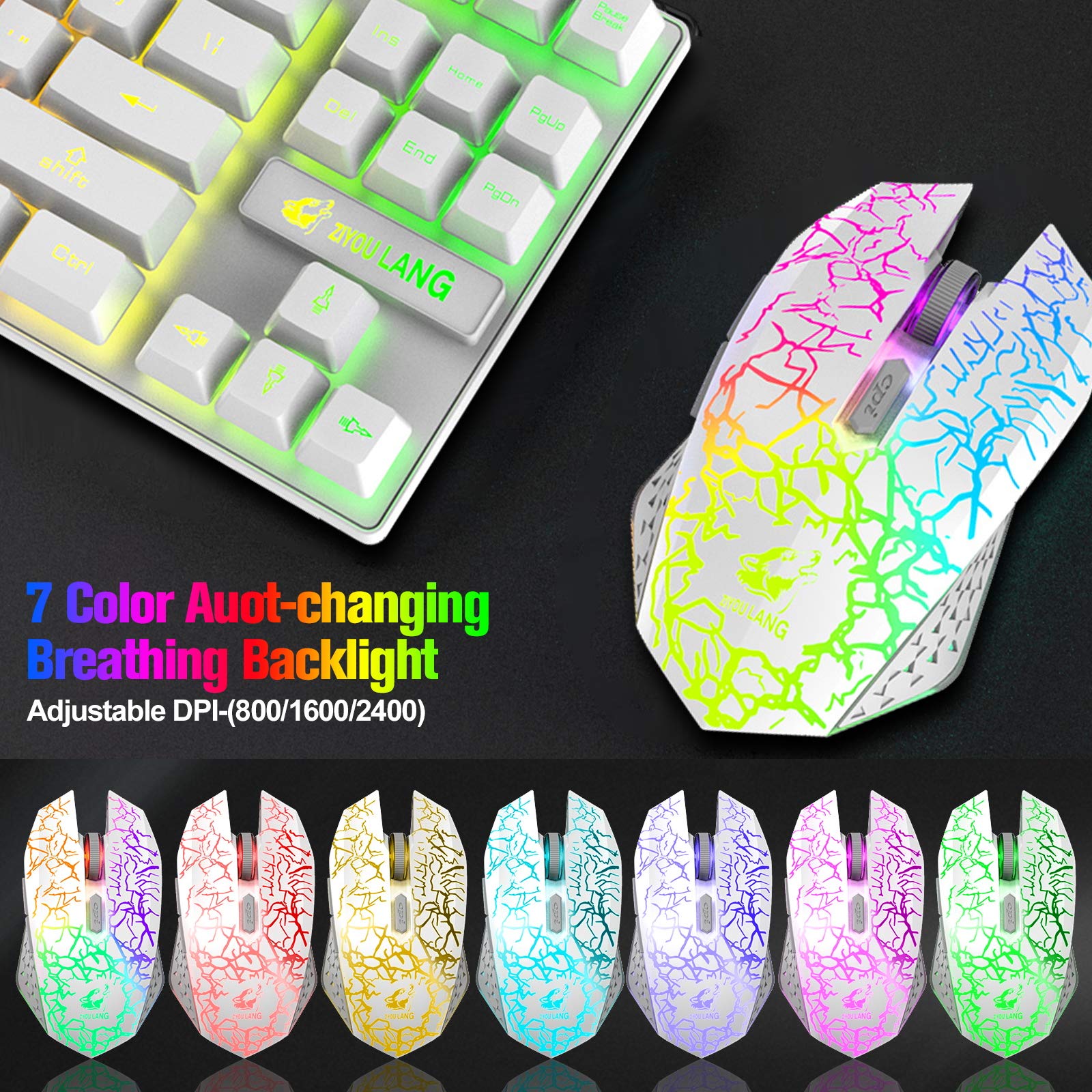LexonElec Wireless RGB Backlit Gaming Keyboard Mouse Combo,Rechargeable 3800mAh Battery, 87-Key Mechanical Feel Keyboard, Quiet Mouse and Mouse Pad for Gamers and Office Typists(White)