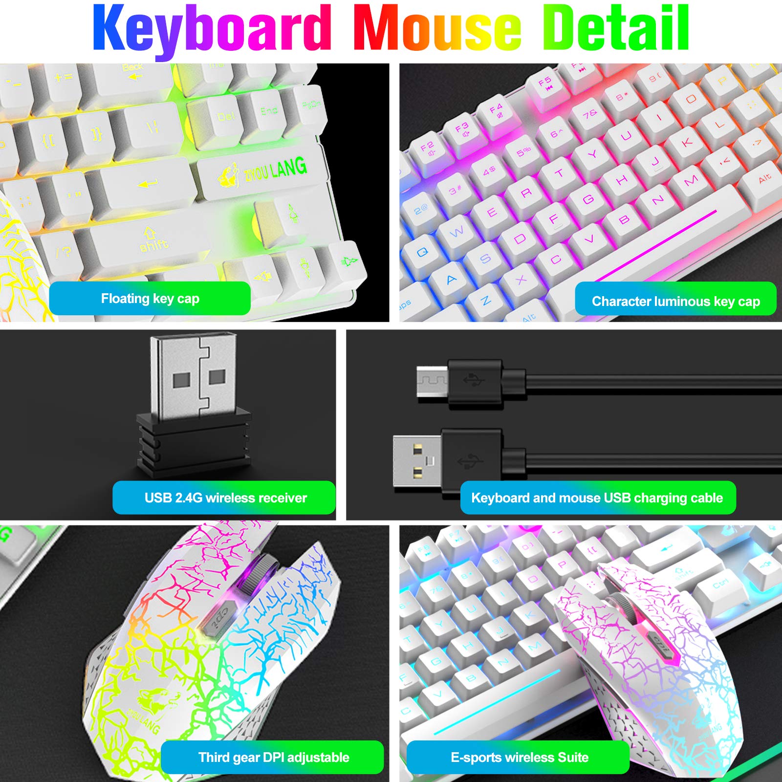 LexonElec Wireless RGB Backlit Gaming Keyboard Mouse Combo,Rechargeable 3800mAh Battery, 87-Key Mechanical Feel Keyboard, Quiet Mouse and Mouse Pad for Gamers and Office Typists(White)