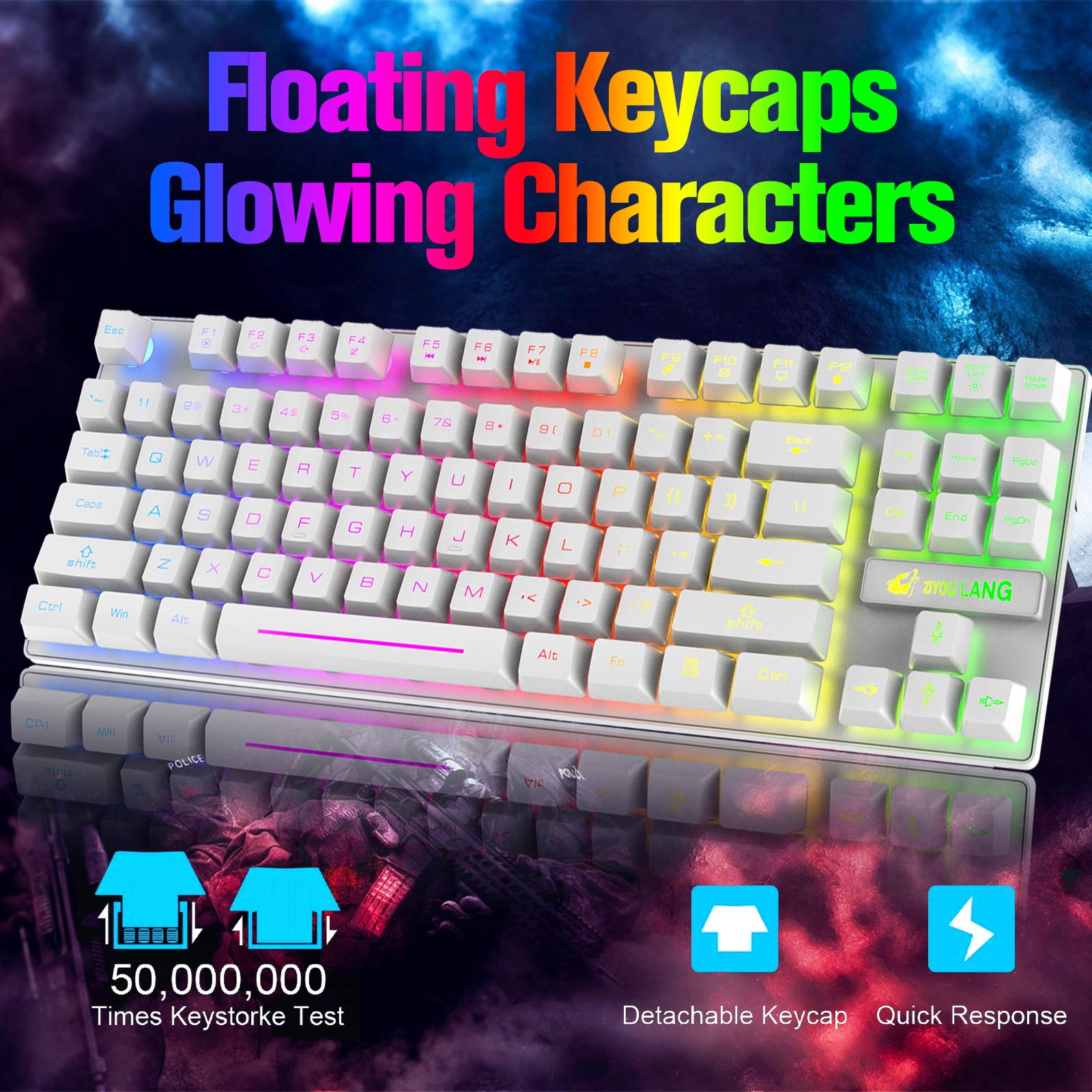 LexonElec Wireless RGB Backlit Gaming Keyboard Mouse Combo,Rechargeable 3800mAh Battery, 87-Key Mechanical Feel Keyboard, Quiet Mouse and Mouse Pad for Gamers and Office Typists(White)