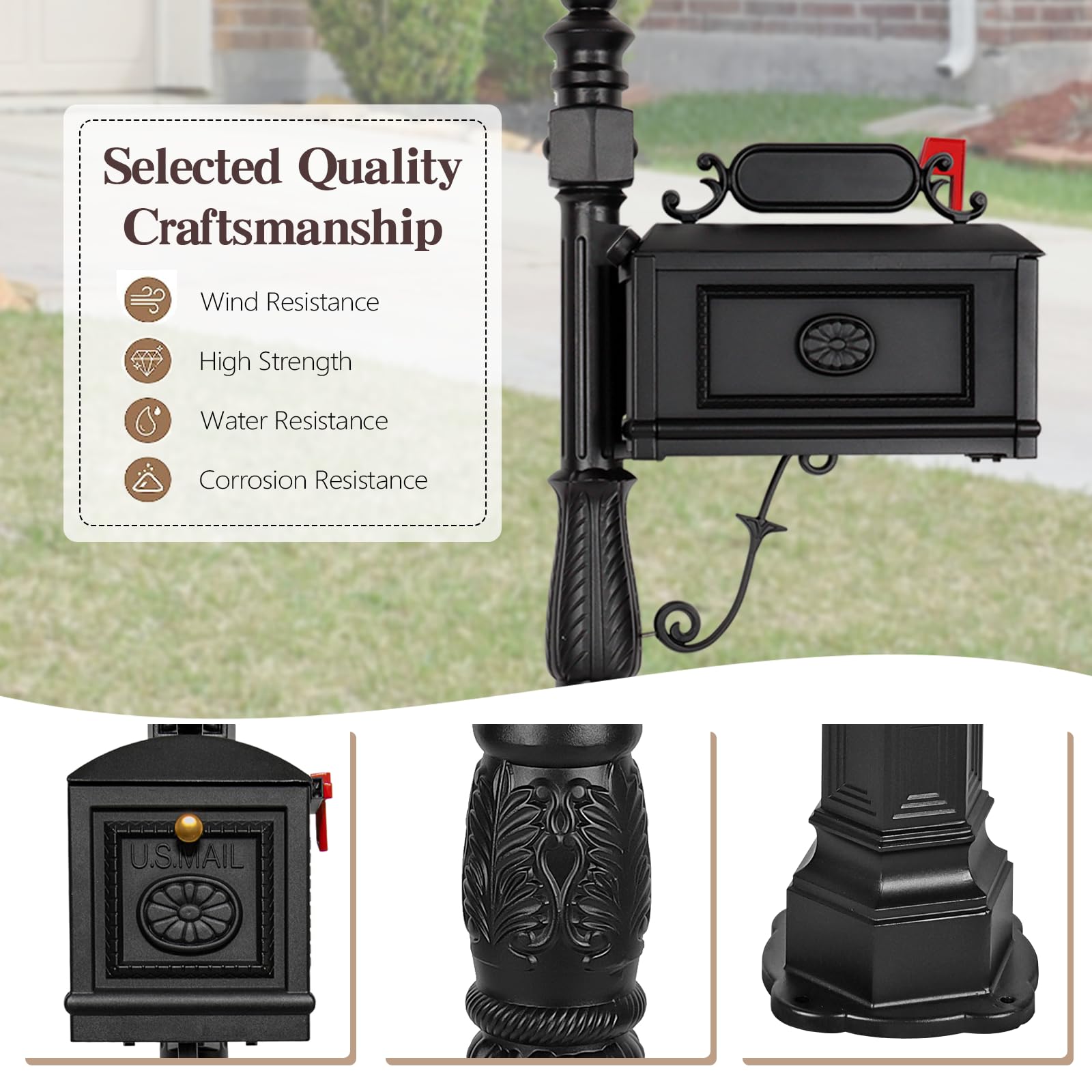 Heavy Duty Mailbox Classic Decorative Cast Aluminum Mail Box Postal Vertical Pedestal (Black)