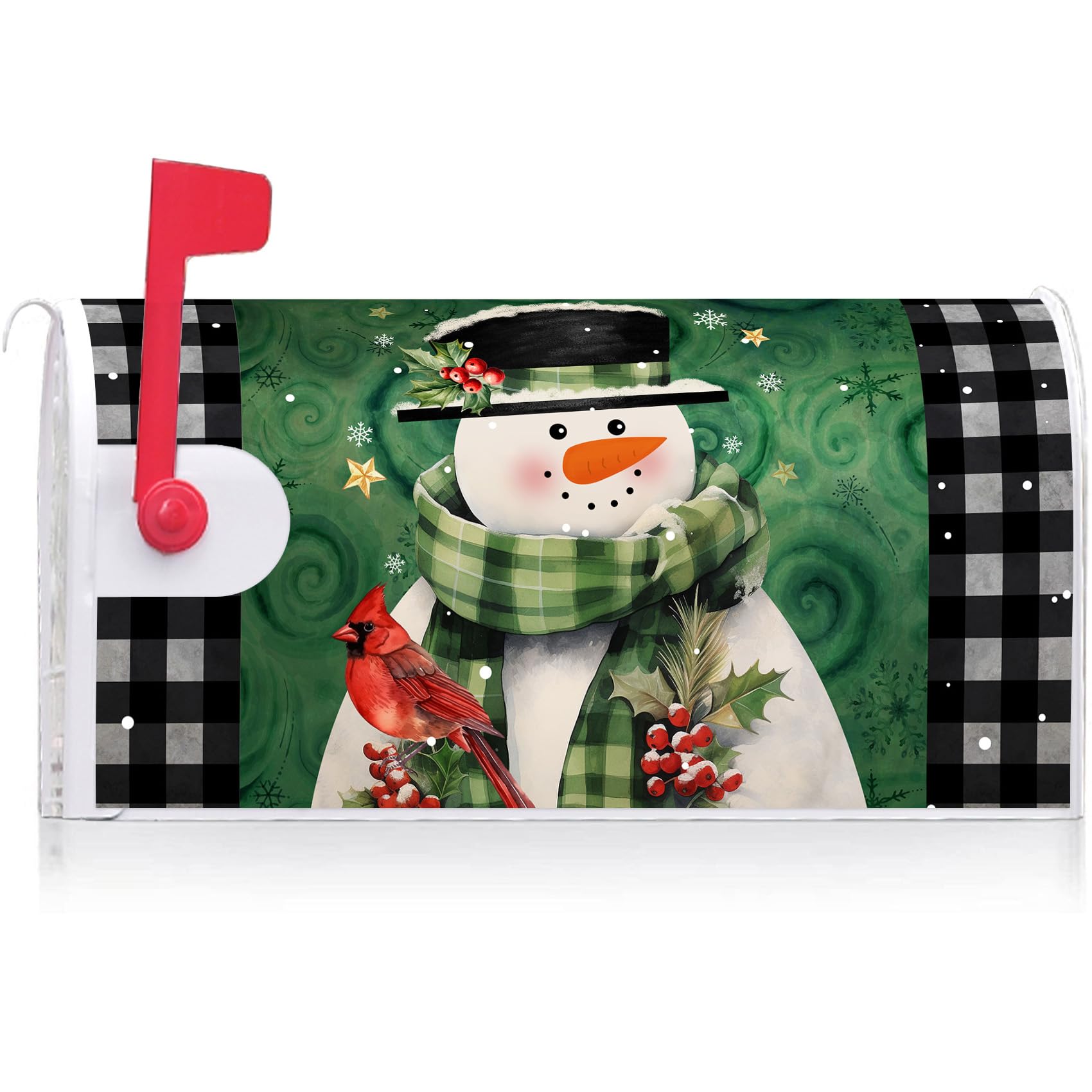 Texupday Winter Snowman With Cardinal Buffalo Check Plaid Decoration Mailbox Cover With Magnetic Strip Holiday Mailbox Wraps Post Letter Box Cover Standard Size 21" X 18" for Garden Outdoor Yard Decor